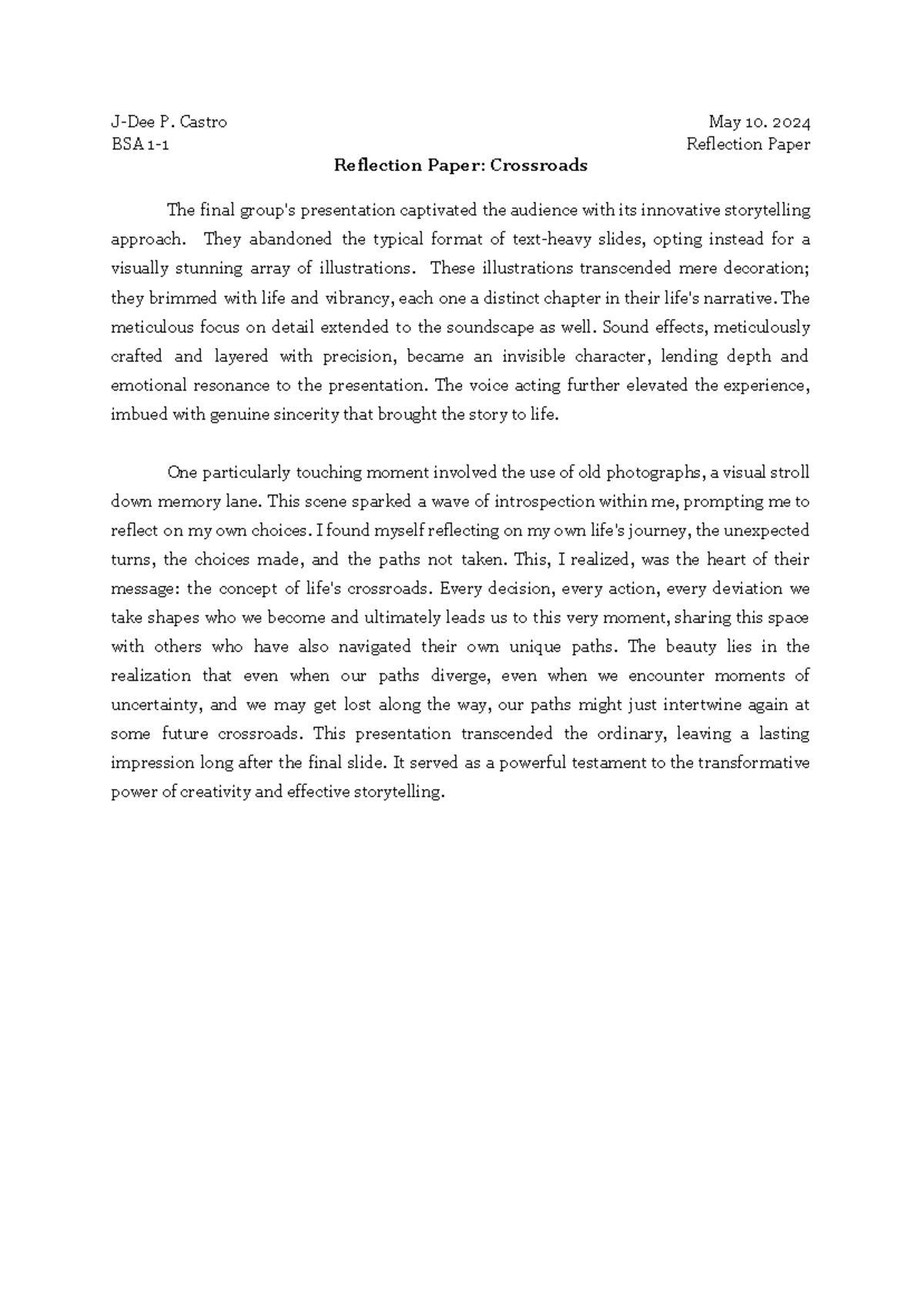 Reflection - J-Dee P. Castro BSA 1- May 10. 2024 Reflection Paper ...