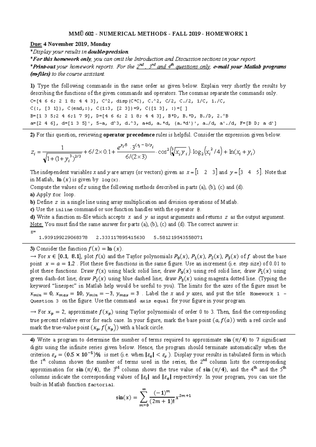 MMU602-Hw1 - Given Homework-1 with demanding fundamental Matlab codes - MMÜ 602 - NUMERICAL ...