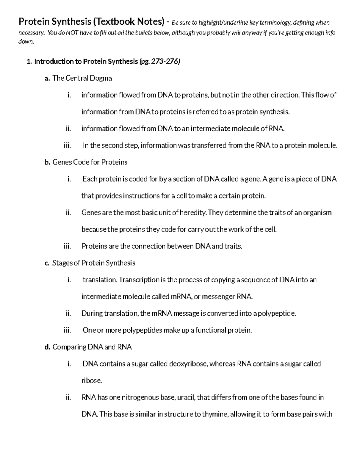 Key- Protein Synthesis (textbook guided notesheet honors) - Protein ...