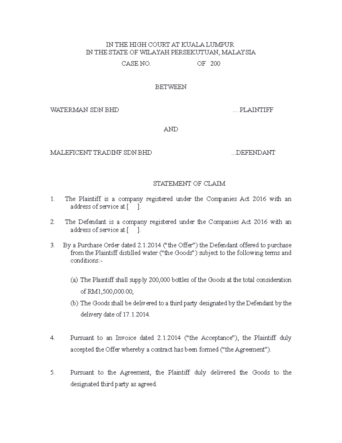 2014 Oct - statment of claim sample contract cpc past year - IN THE ...