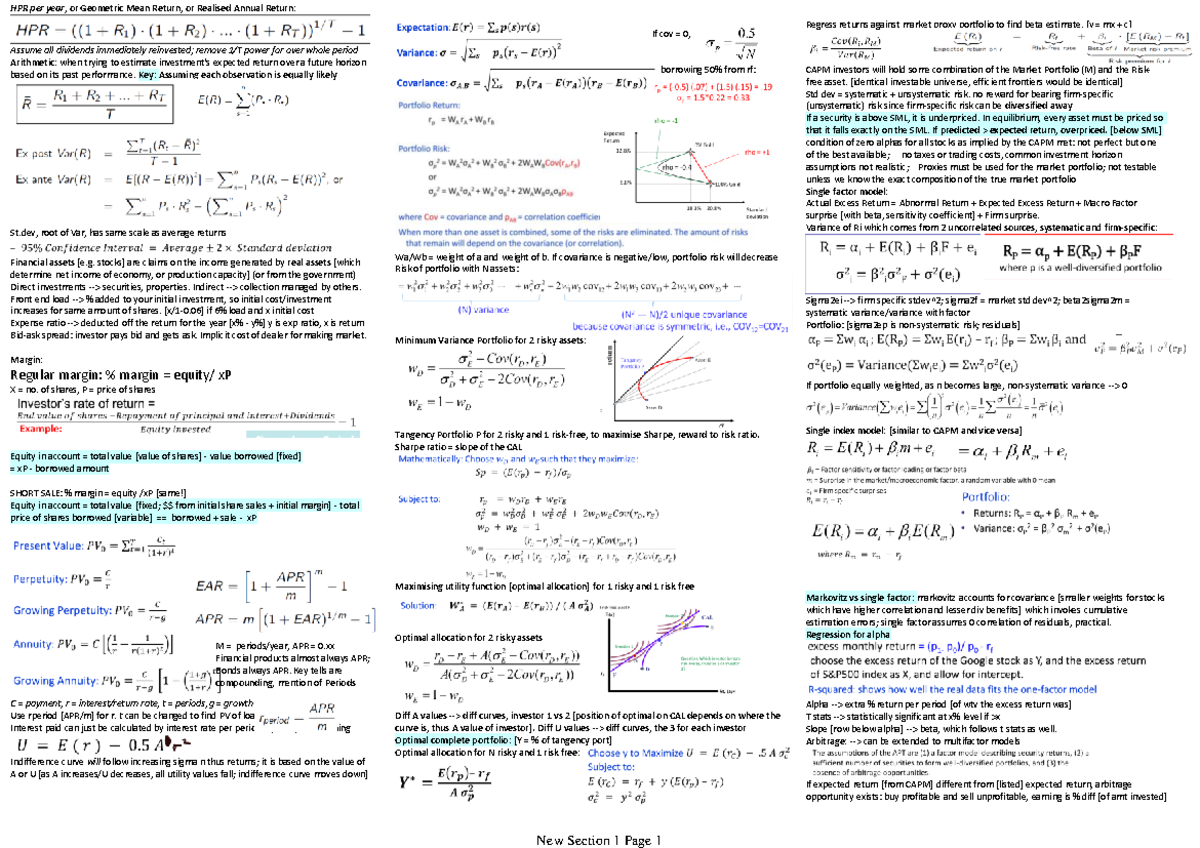 FIN3702 midterm cheatsheet - HPR per year, or Geometric Mean Return, or ...