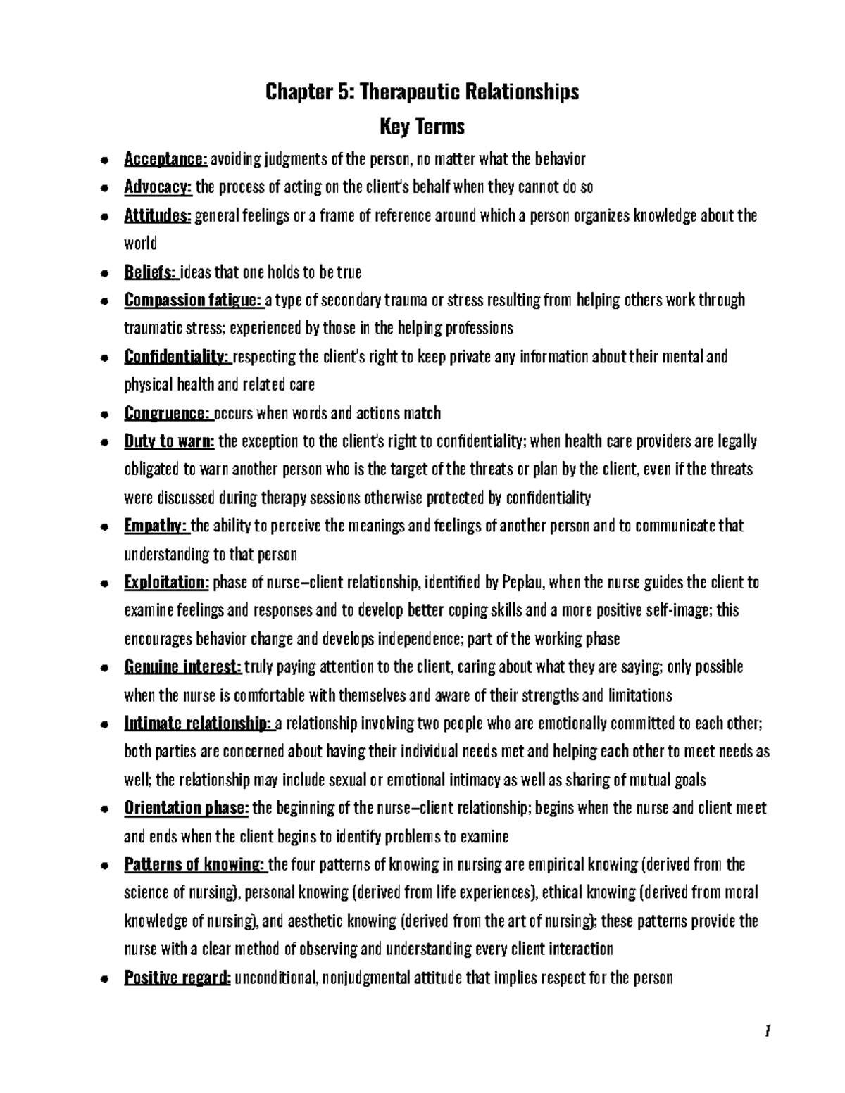 MH Wk2 Key Terms Points - Chapter 5: Therapeutic Relationships Key ...