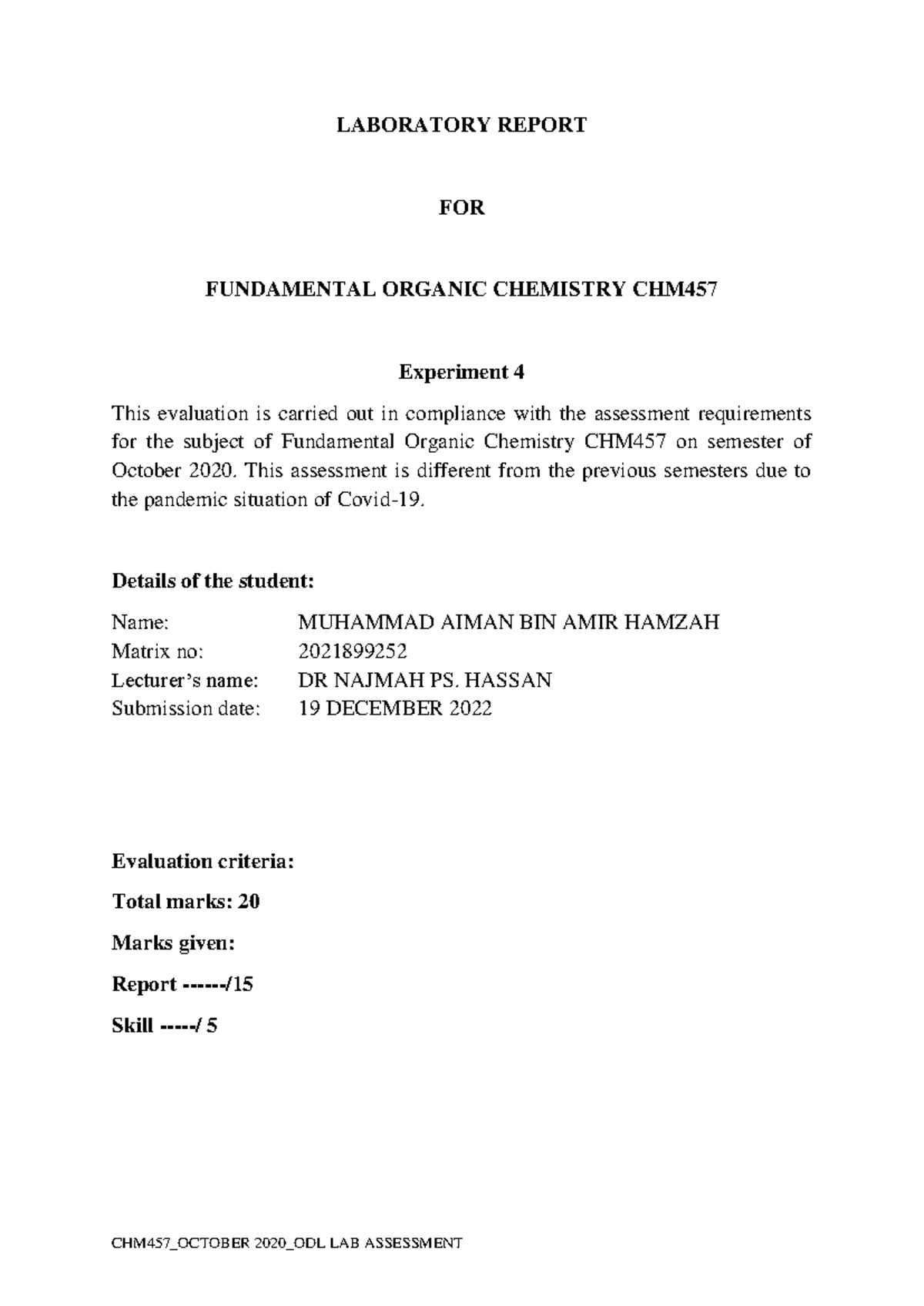 LAB Report EXP4 CHM457 - Preparation of Acetylsalicylic Acid (Aspirin ...
