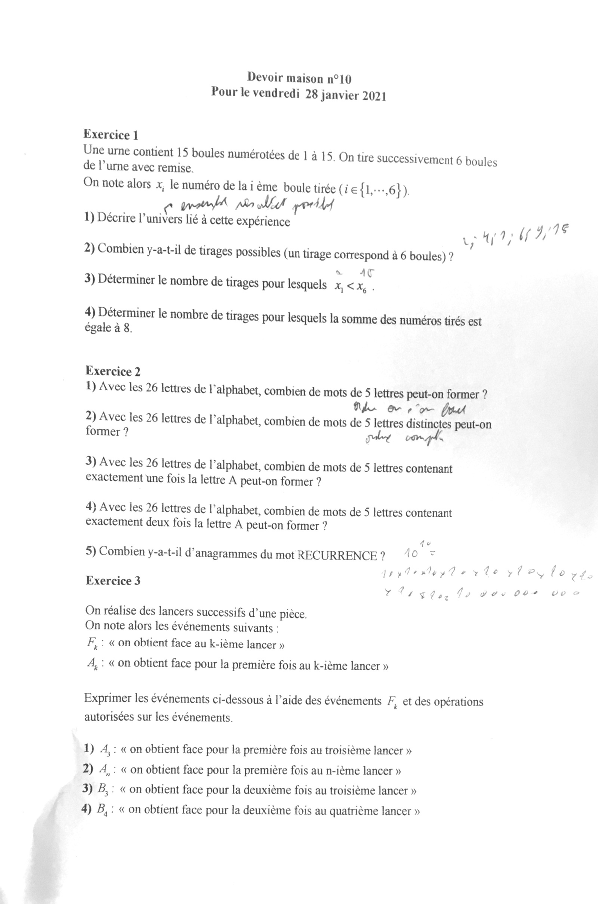 Devoir Maison 10 Et Correction - Mathématique - Studocu