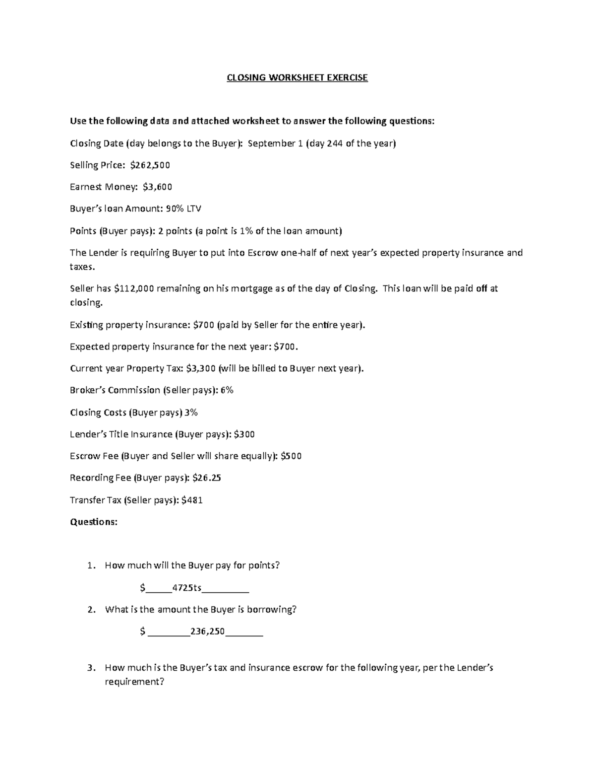 Closing Worksheet Exercise - CLOSING WORKSHEET EXERCISE Use the ...