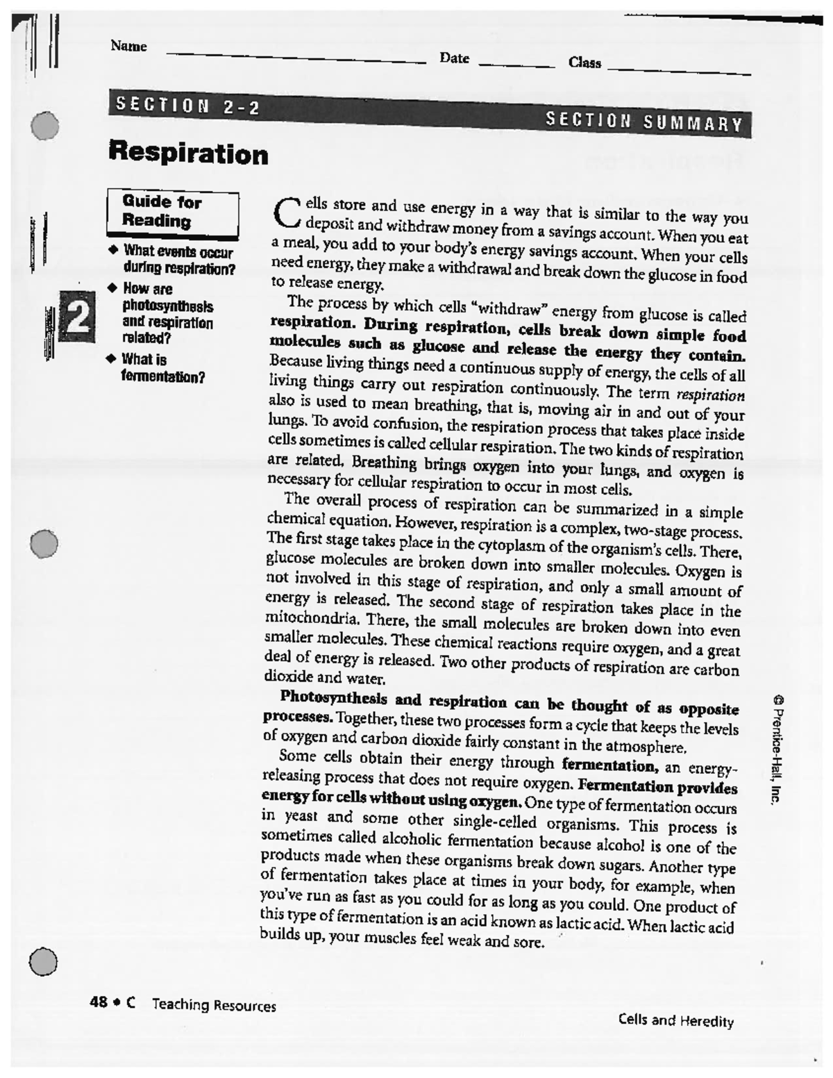 Respiration reading and questins - Name Date Class SECTION 2- SECTION ...