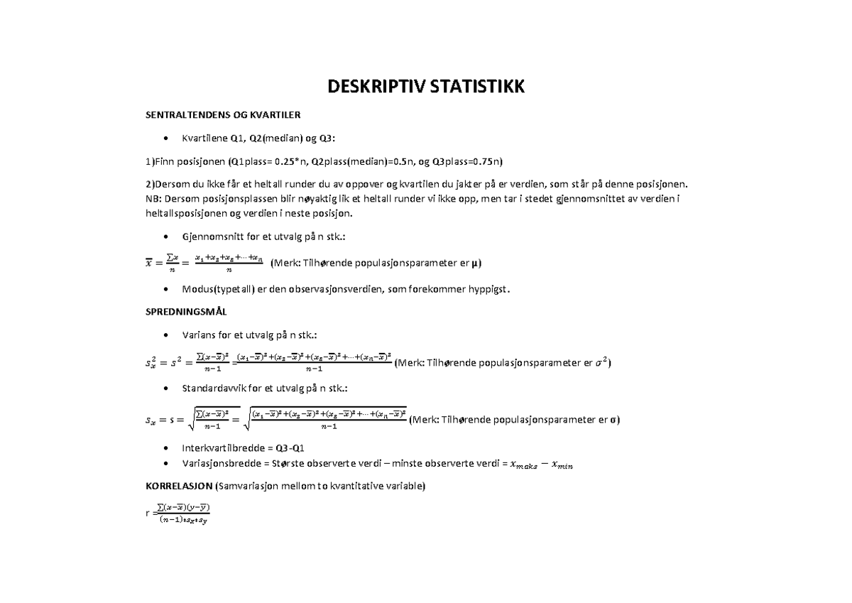 Formelark - DESKRIPTIV STATISTIKK SENTRALTENDENS OG KVARTILER ...