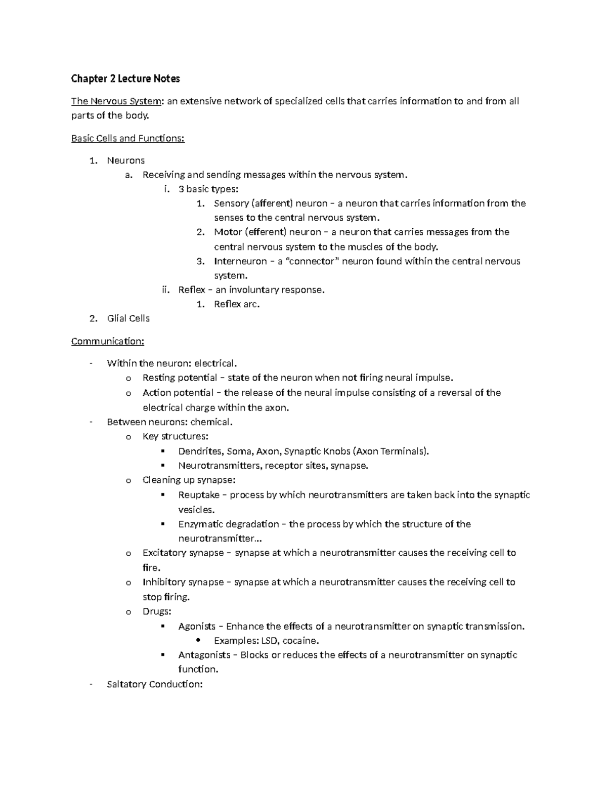 Chapter 2 + 3 Lecture Notes - Chapter 2 Lecture Notes The Nervous ...