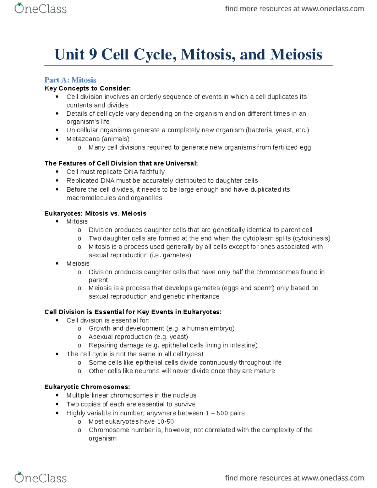 Unit 9 - unit 9 notes - Unit 9 Cell Cycle, Mitosis, and Meiosis Part A ...