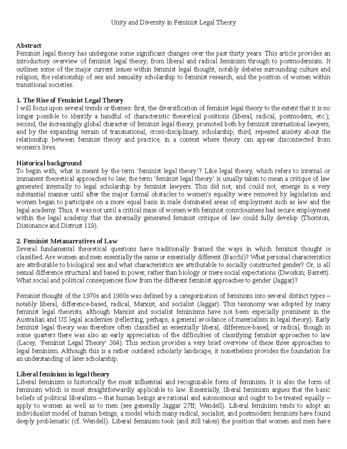 Feminism Essay Main - Unity and Diversity in Feminist Legal Theory ...