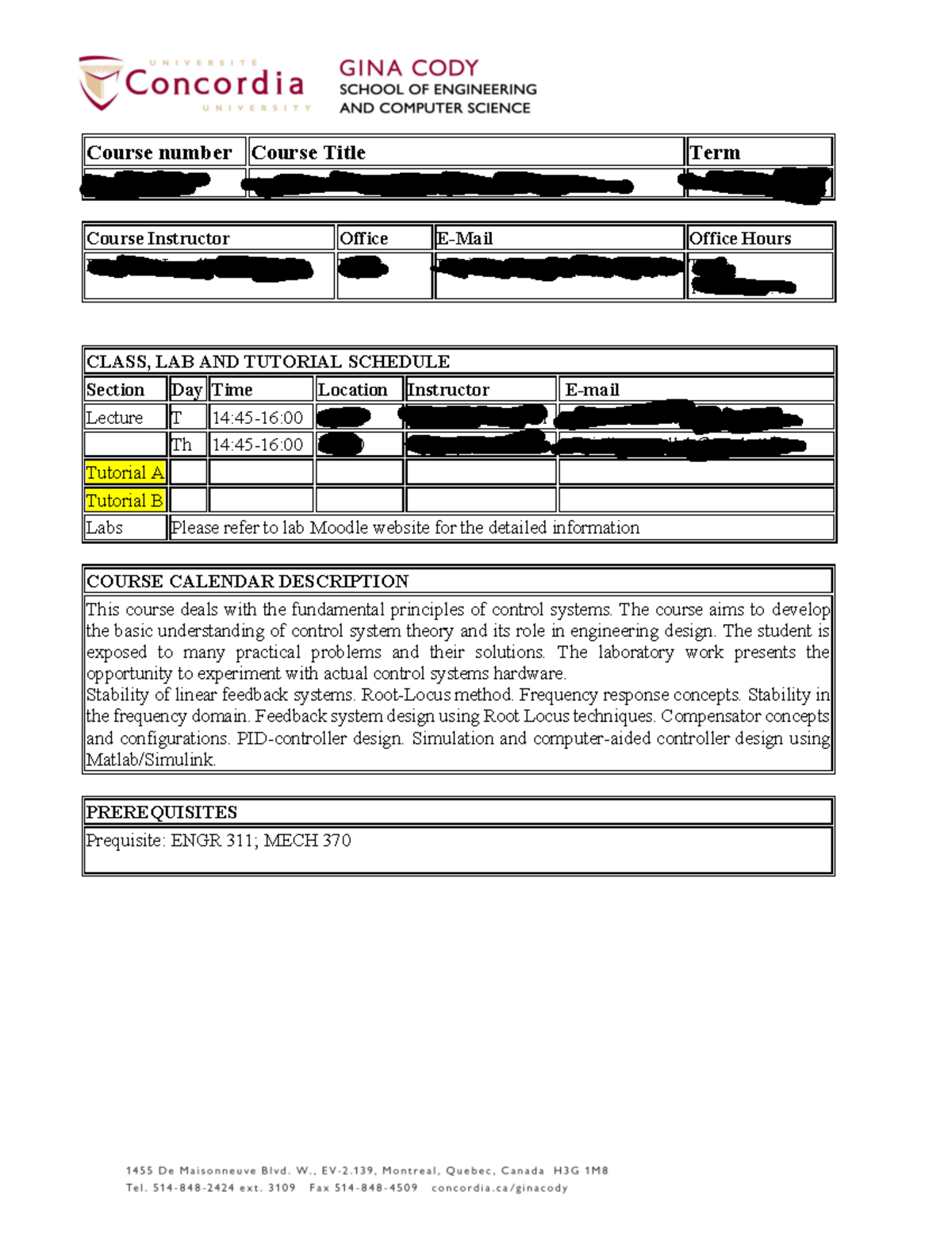 Course Outline - MECH 371 - W2024 - Course number Course Title Term ...