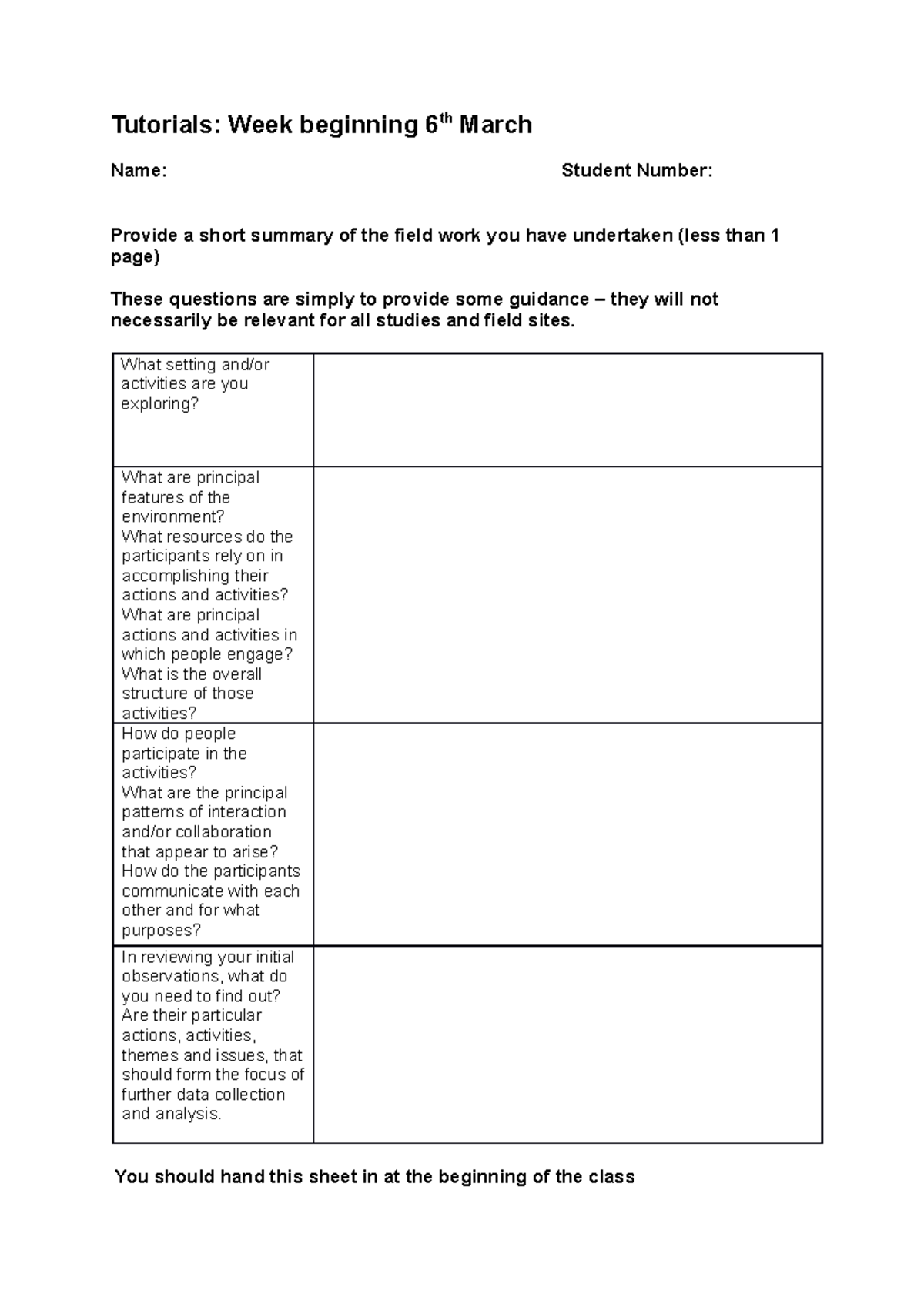 Coursework Tutorial Progress - Week 6th March - Tutorials: Week ...