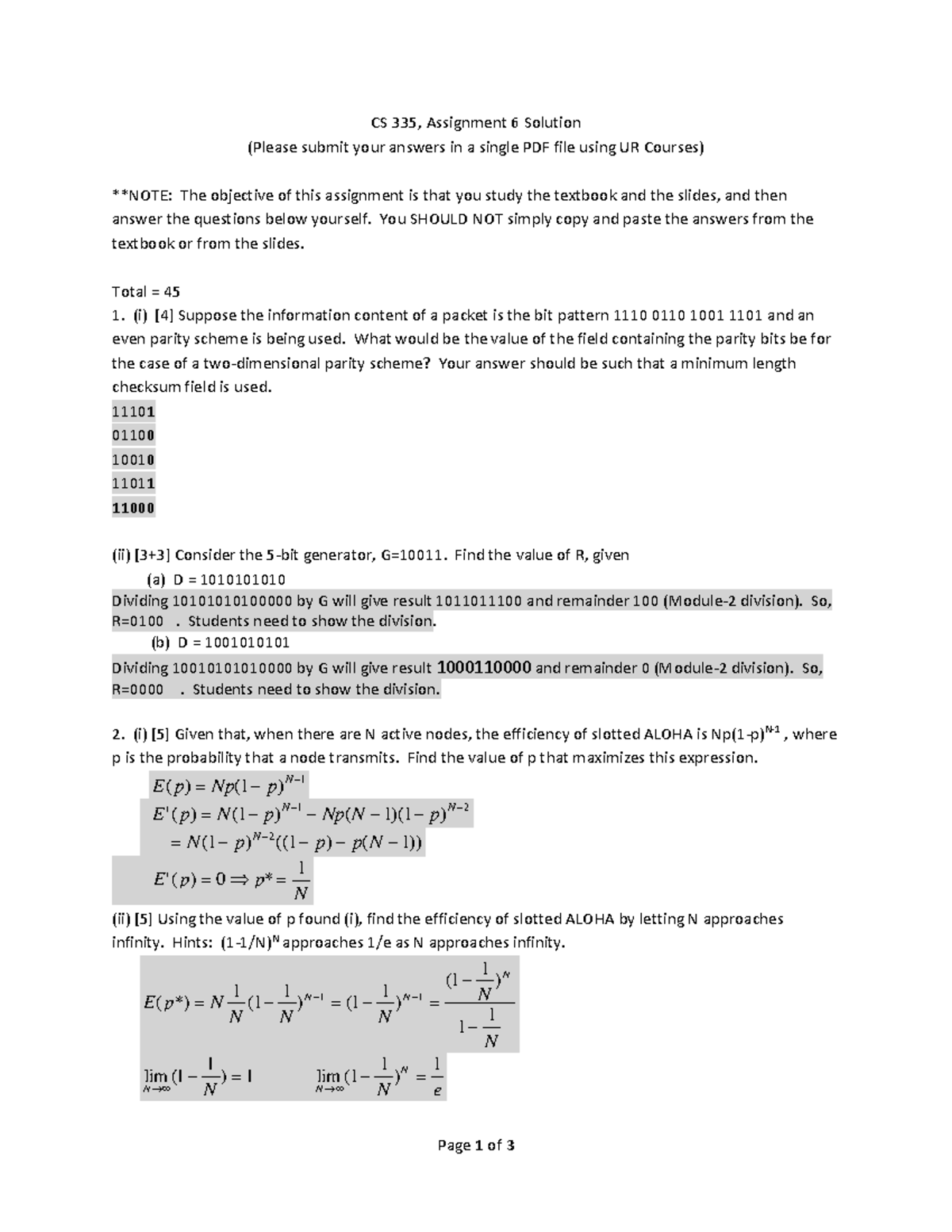 Asg 6 solution - Assignment for students - Page 1 of 3 CS 335, Assignment 6 Solution (Please ...