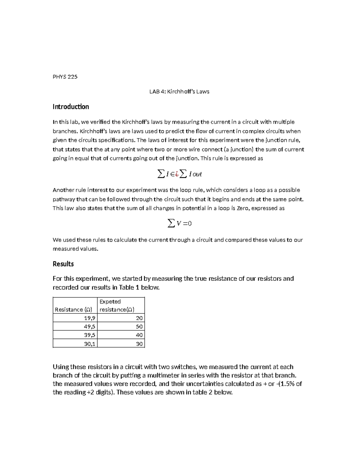 Document 2 - Kirchhoff's laws experiment lab report - PHYS 225 LAB 4 ...