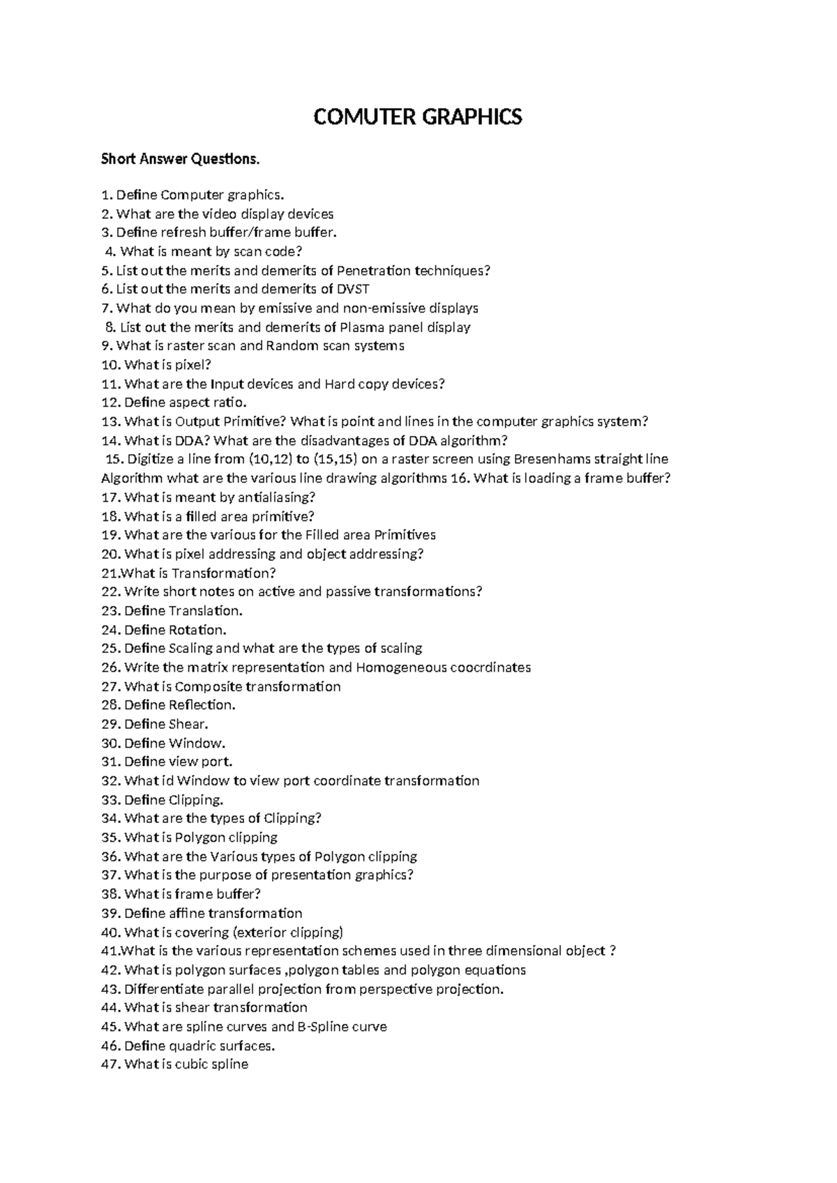 Comuter Graphics - COMUTER GRAPHICS Short Answer Questions. Define ...