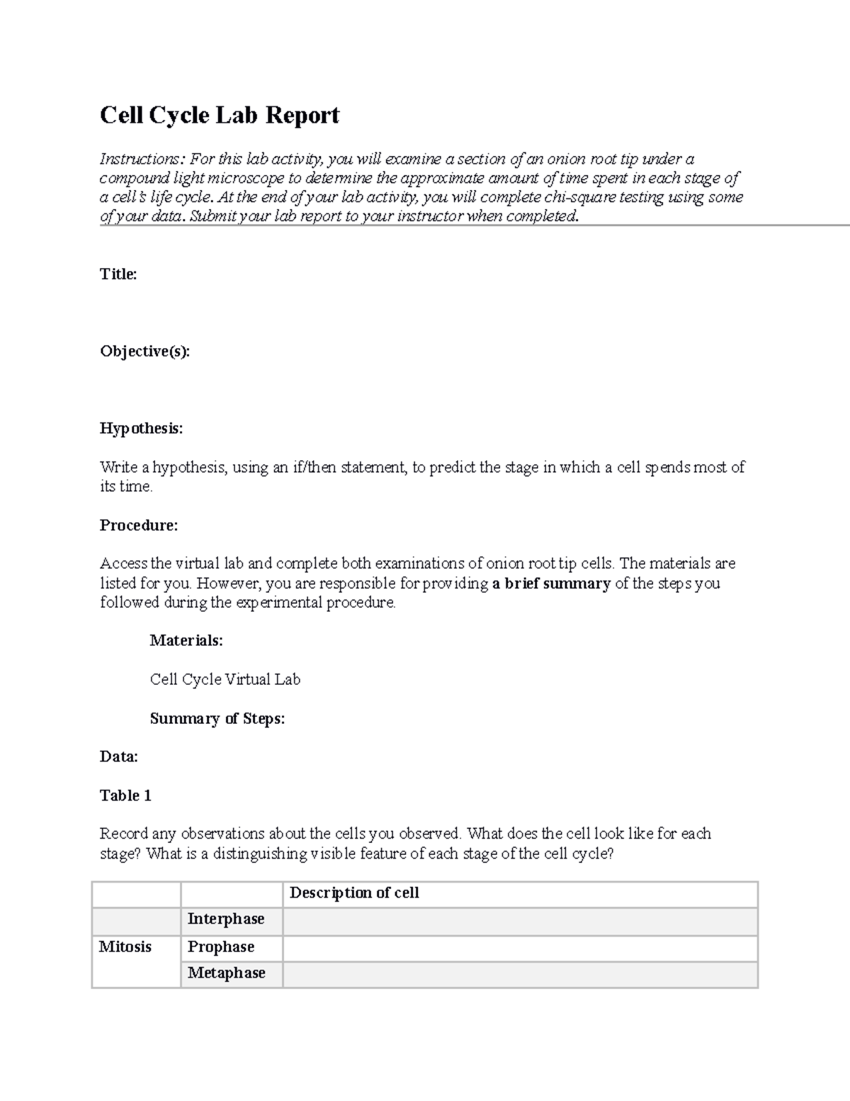 04 05 cell cycle lab report - Cell Cycle Lab Report Instructions: For ...