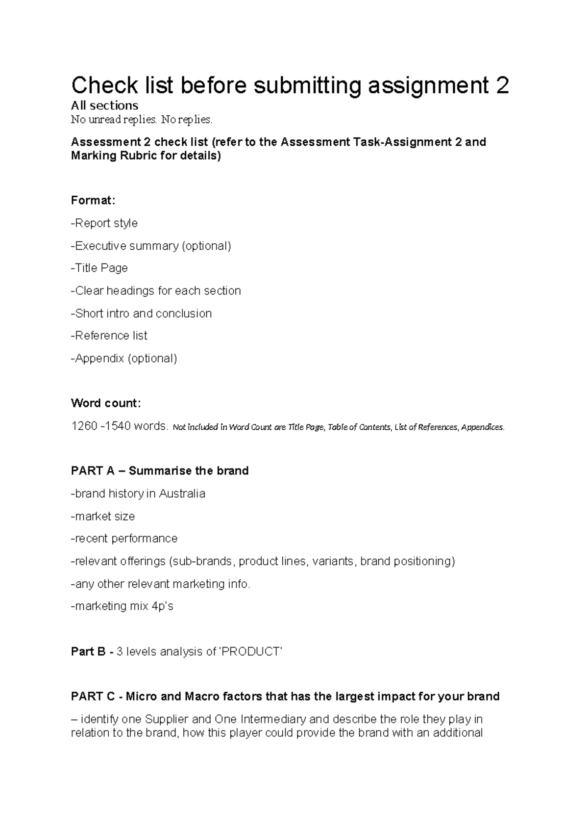 Check list before submitting assignment 2 - No replies. Assessment 2 ...