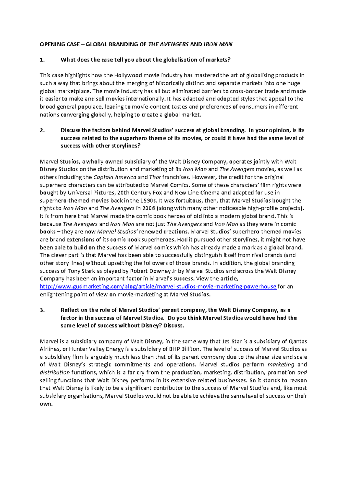 Case Answers - OPENING CASE – GLOBAL BRANDING OF THE AVENGERS AND IRON ...