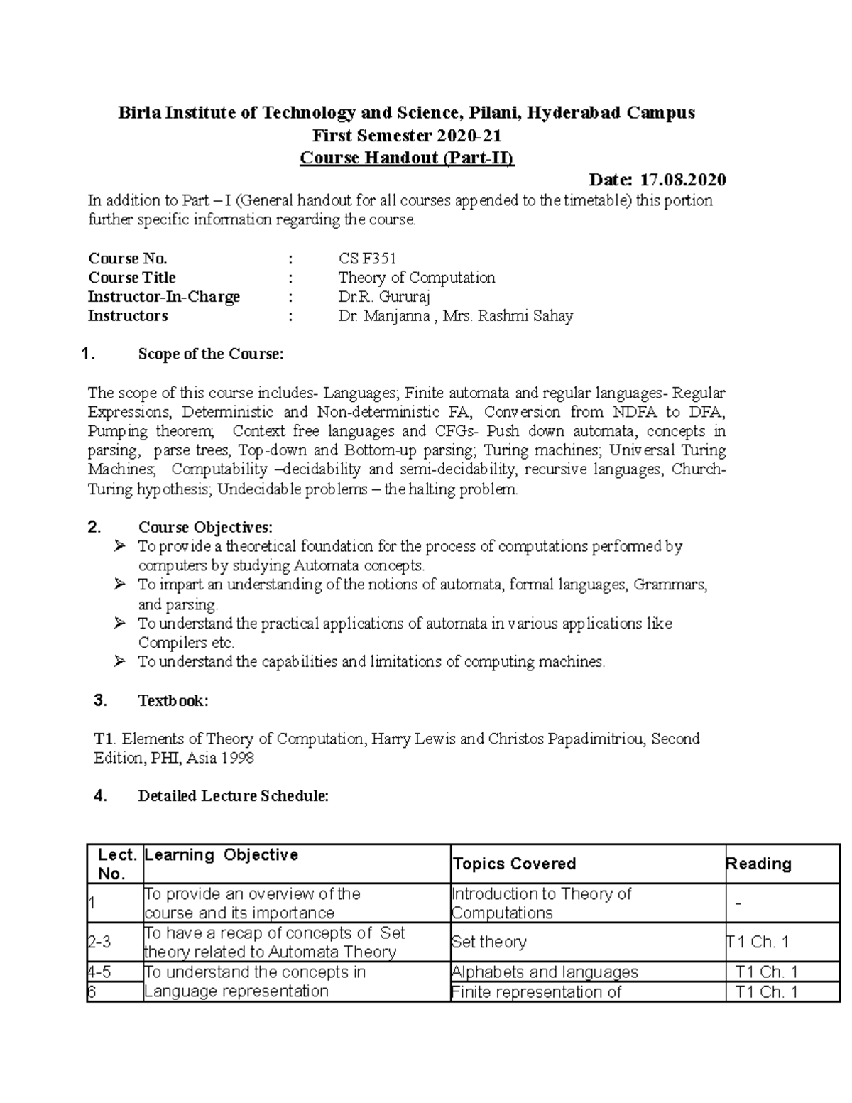 CS F351 - Course handout - Birla Institute of Technology and Science, Pilani, Hyderabad Campus ...