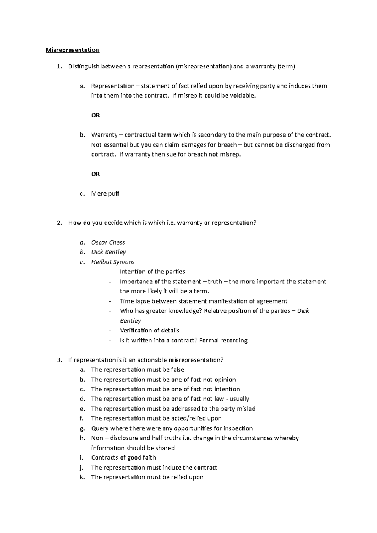Misrepresentation Checklist - Misrepresentation Distinguish between a ...