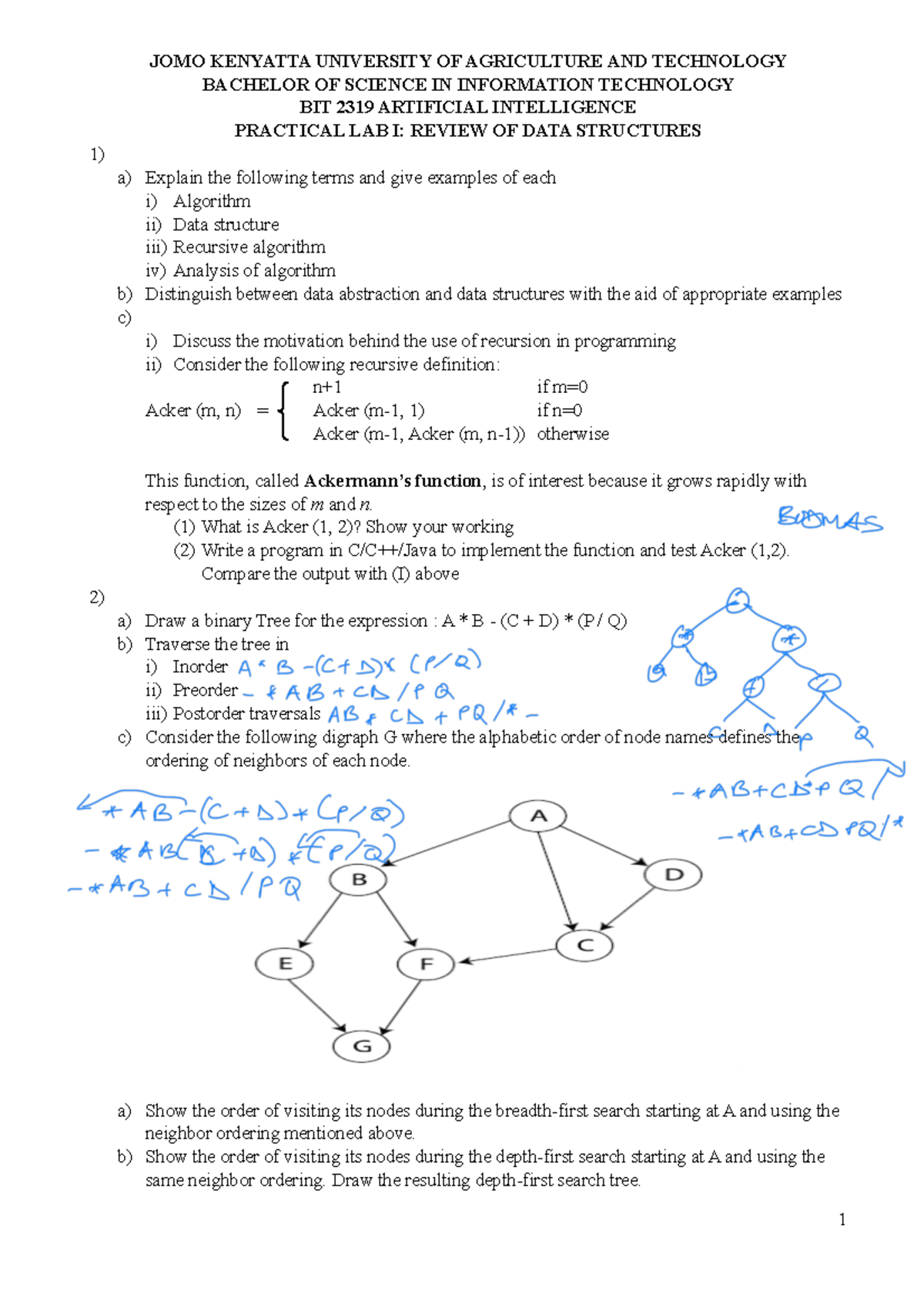 BIT 2319 Lab Practical I Review of Data Structures - JOMO KENYATTA UNIVERSITY OF AGRICULTURE AND ...