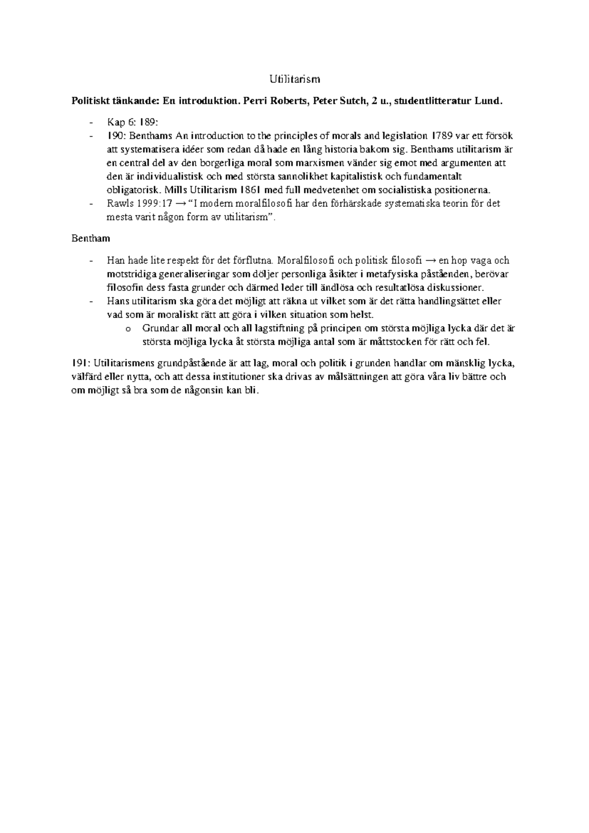 Utilitarism - Sammanfattning Politiskt tänkande: En introduktion ...