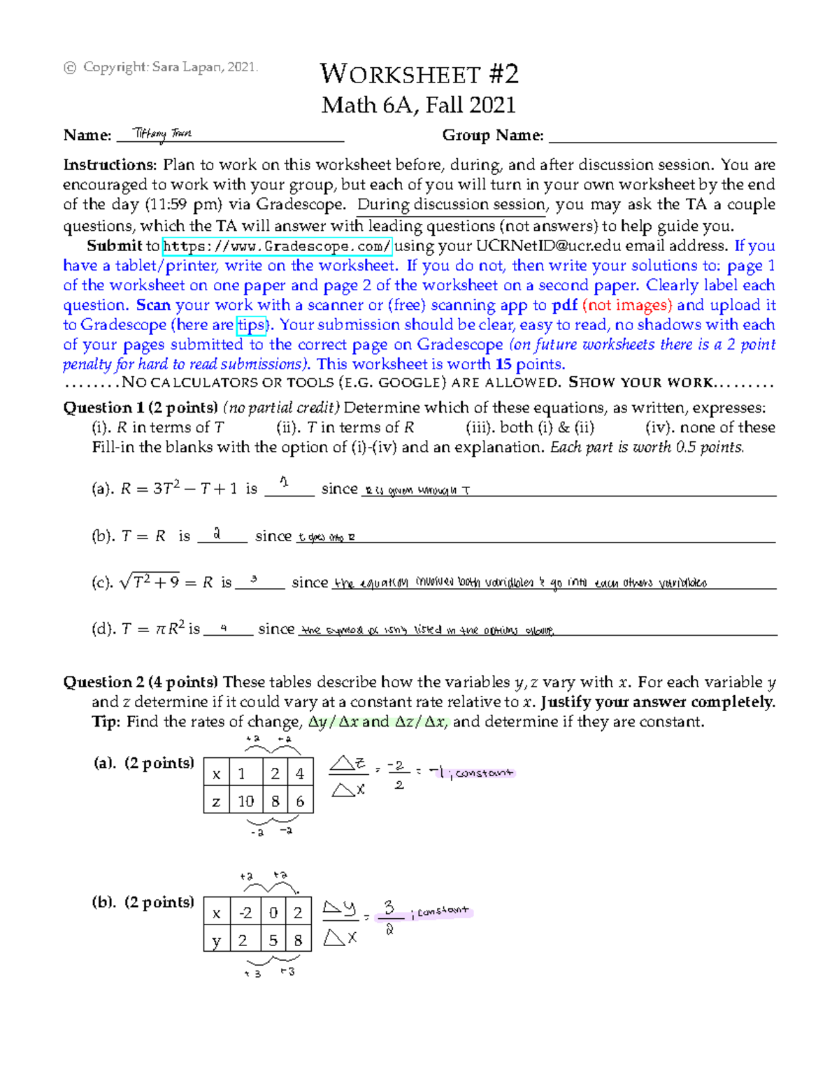 Math 1.24 front page - ####### c Copyright: Sara Lapan, 2021. WORKSHEET ...