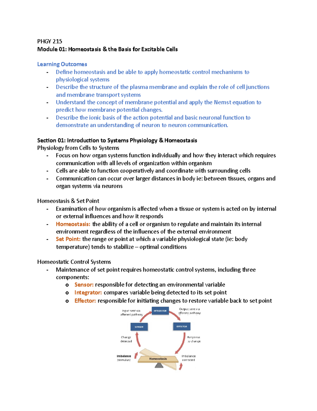 Module 01 - Homeostasis - PHGY 215 Module 01: Homeostasis & the Basis ...