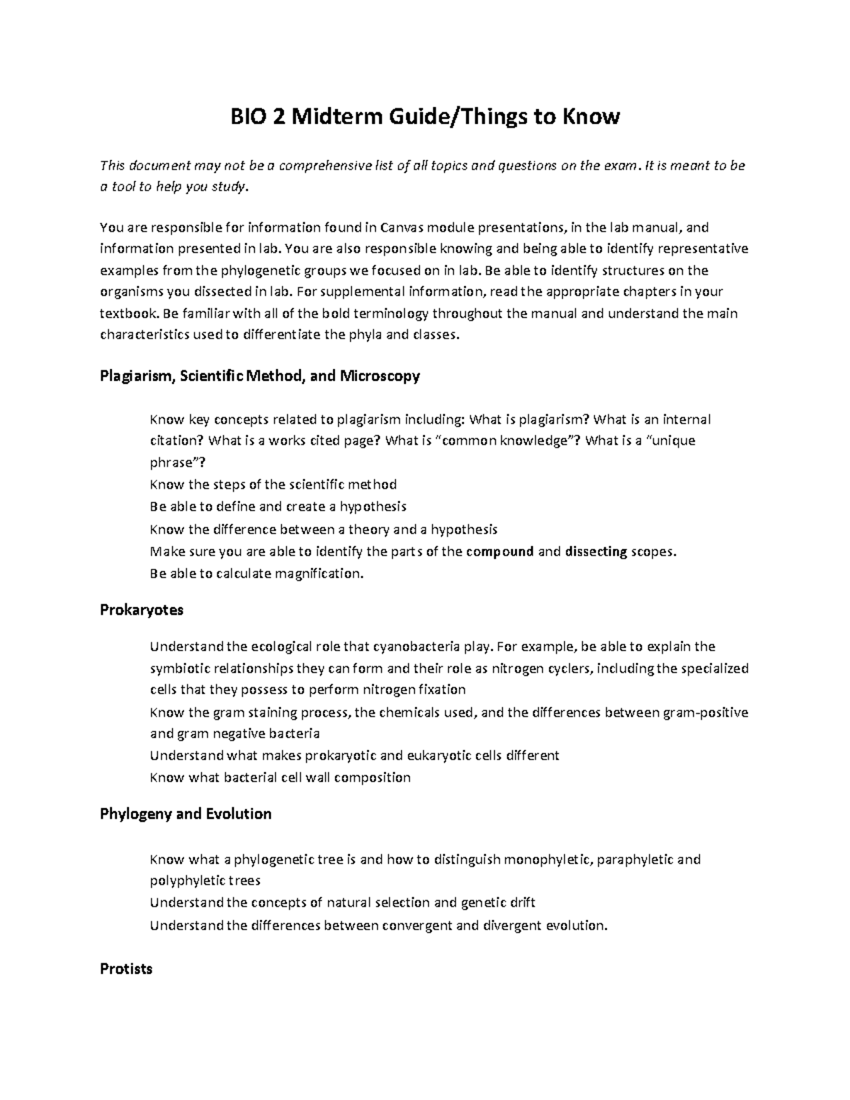 Bio 2 Midterm Study Guide - BIO 2 Midterm Guide/Things to Know This ...