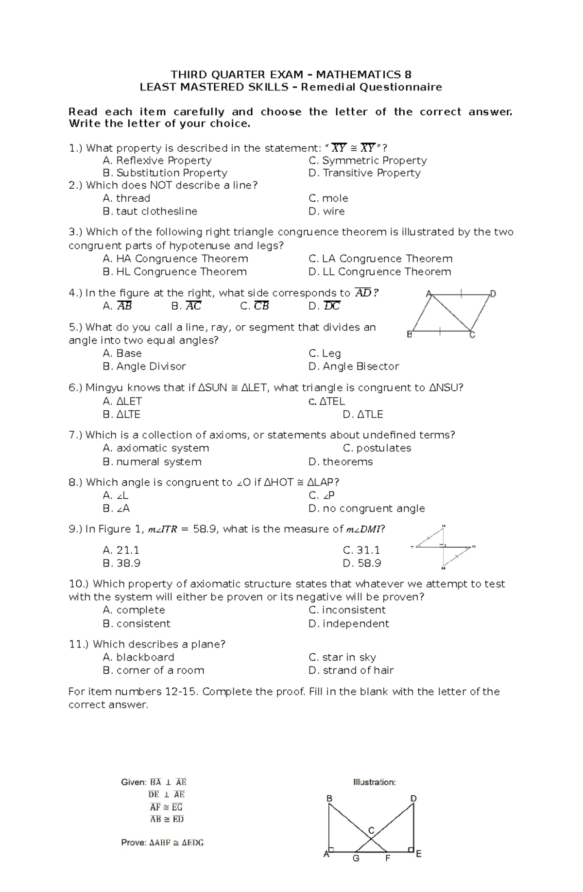 Quiz or Activity - THIRD QUARTER EXAM – MATHEMATICS 8 LEAST MASTERED ...