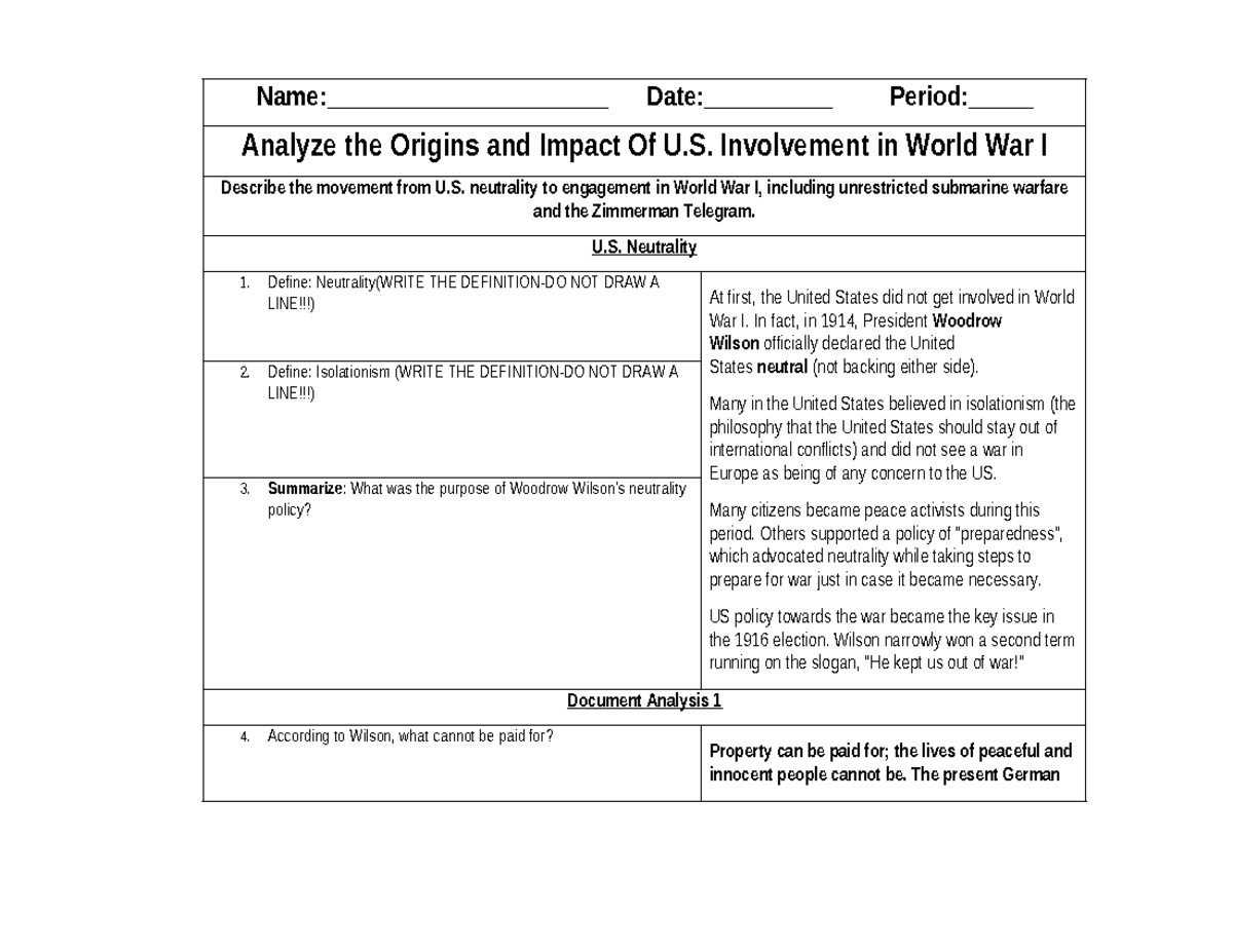 The Originsand Impact Of USInvolvementin World War I-1 1 - Name ...