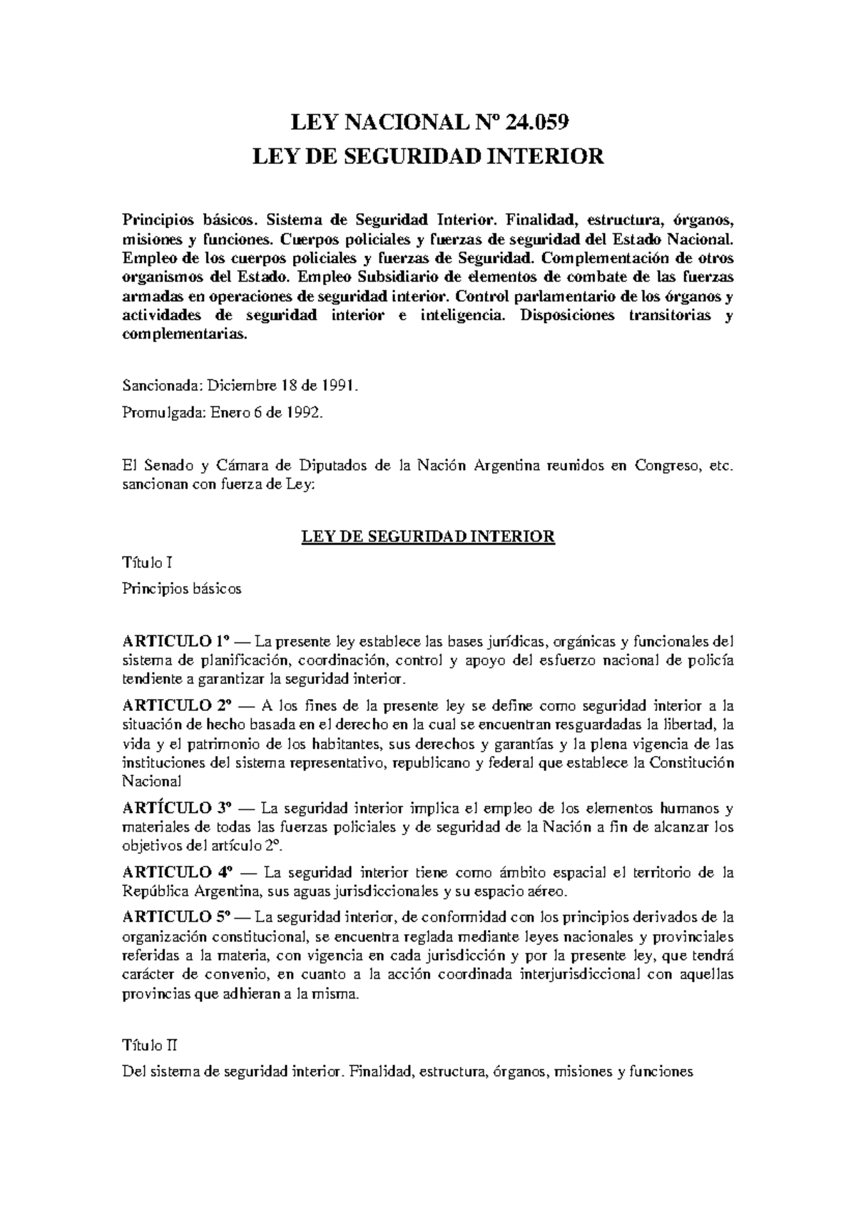 Ley Nacional de Seguridad Interior Nº 24 - LEY NACIONAL Nº 24. LEY DE SEGURIDAD INTERIOR ...