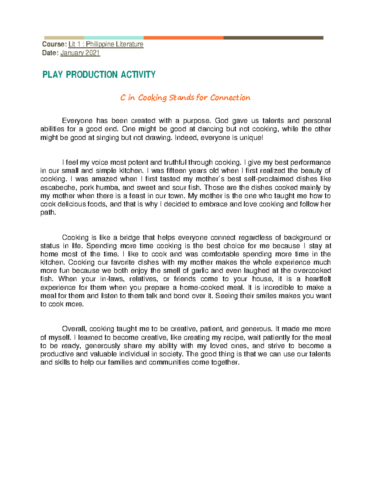 Lit 1 - Play Production - Grade: A+ - Literature - University of the ...