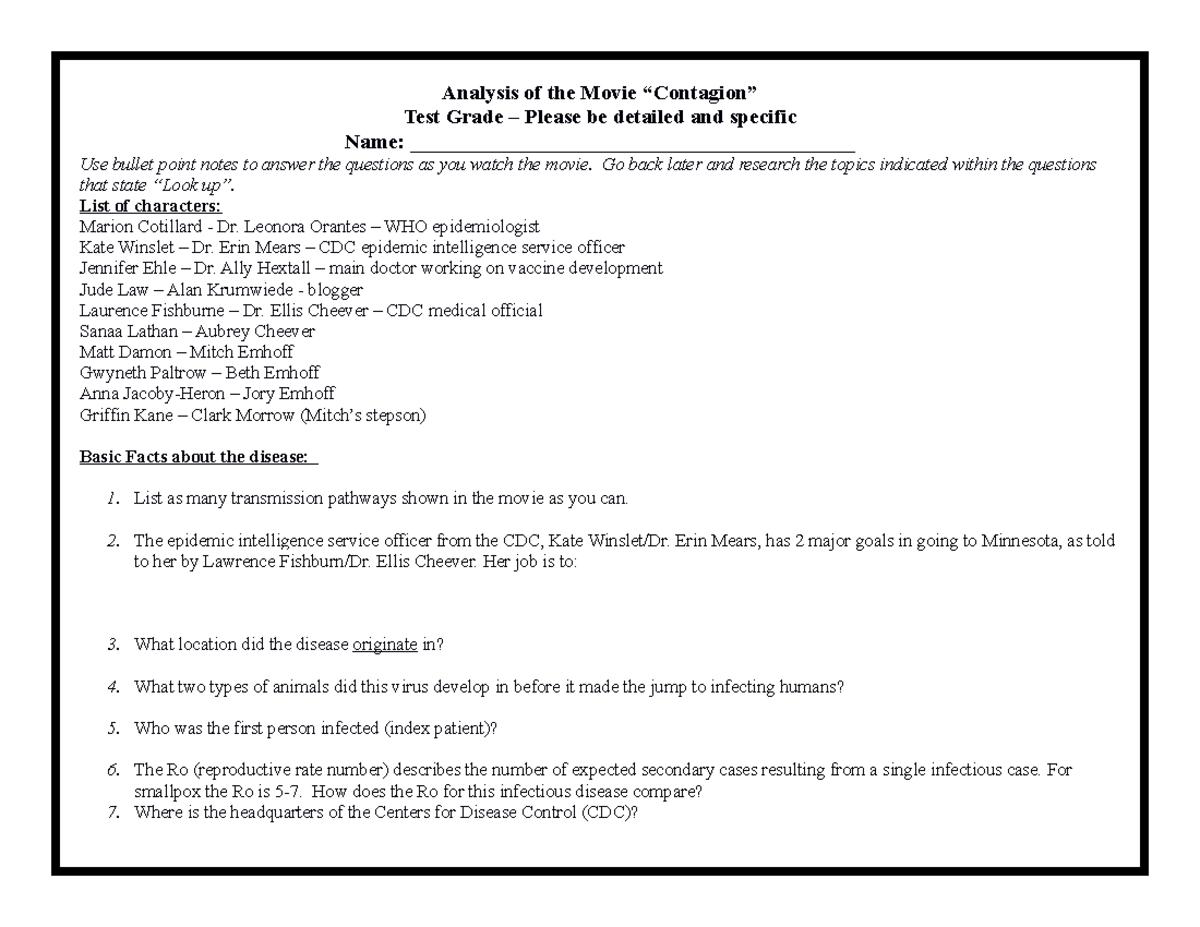 Contagion movie project - Analysis of the Movie “Contagion” Test Grade ...
