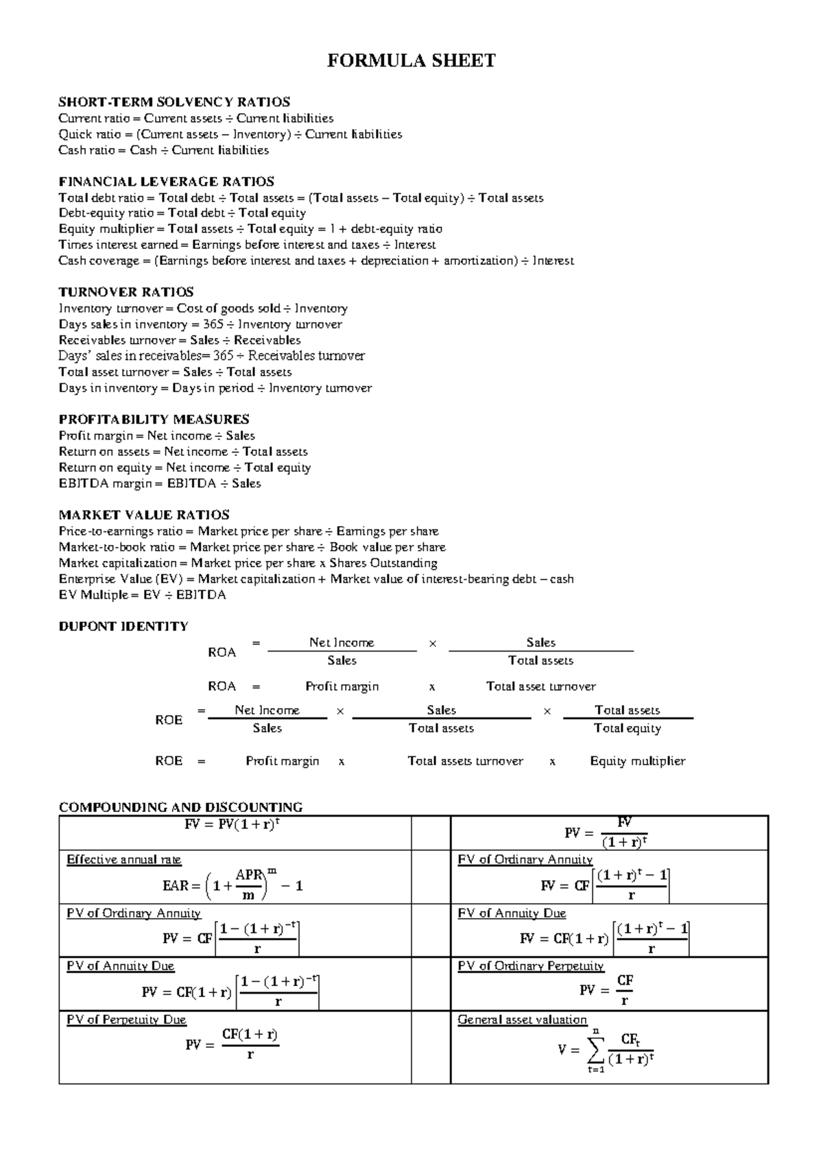 Formula Sheet - Summary Corporate Finance - FORMULA SHEET SHORT-TERM ...