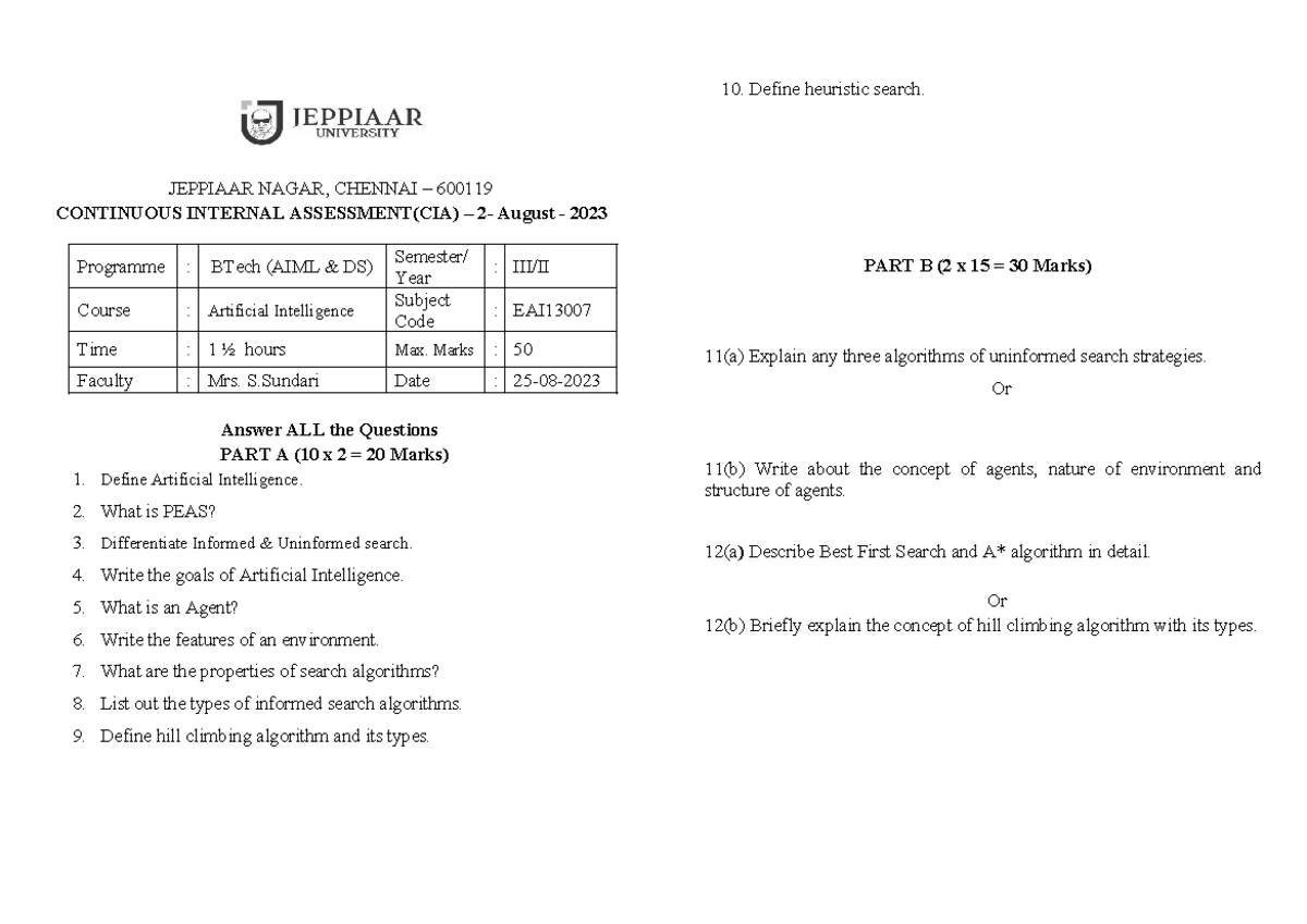 Cia Artificial Intelligence Jeppiaar Nagar Chennai 600119 Continuous Internal Assessment