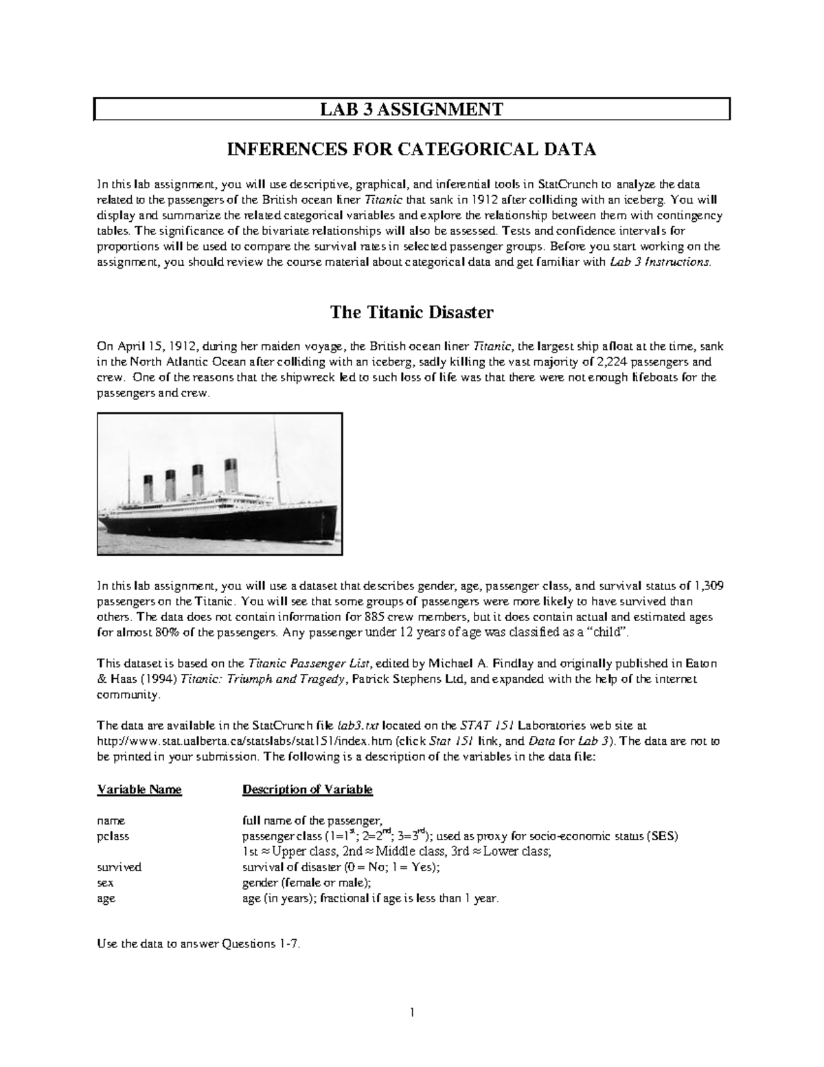 Asg3 - Stat 151 Lab Assignment Fall 2019 - LAB 3 ASSIGNMENT INFERENCES FOR CATEGORICAL DATA In ...