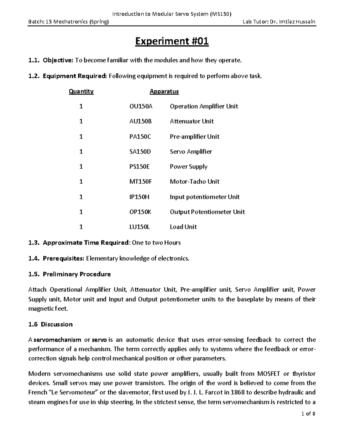 Introduction to Modular Servo System (MS150) Experiment #01. 1 OU150A Operation Amplifier Unit ...