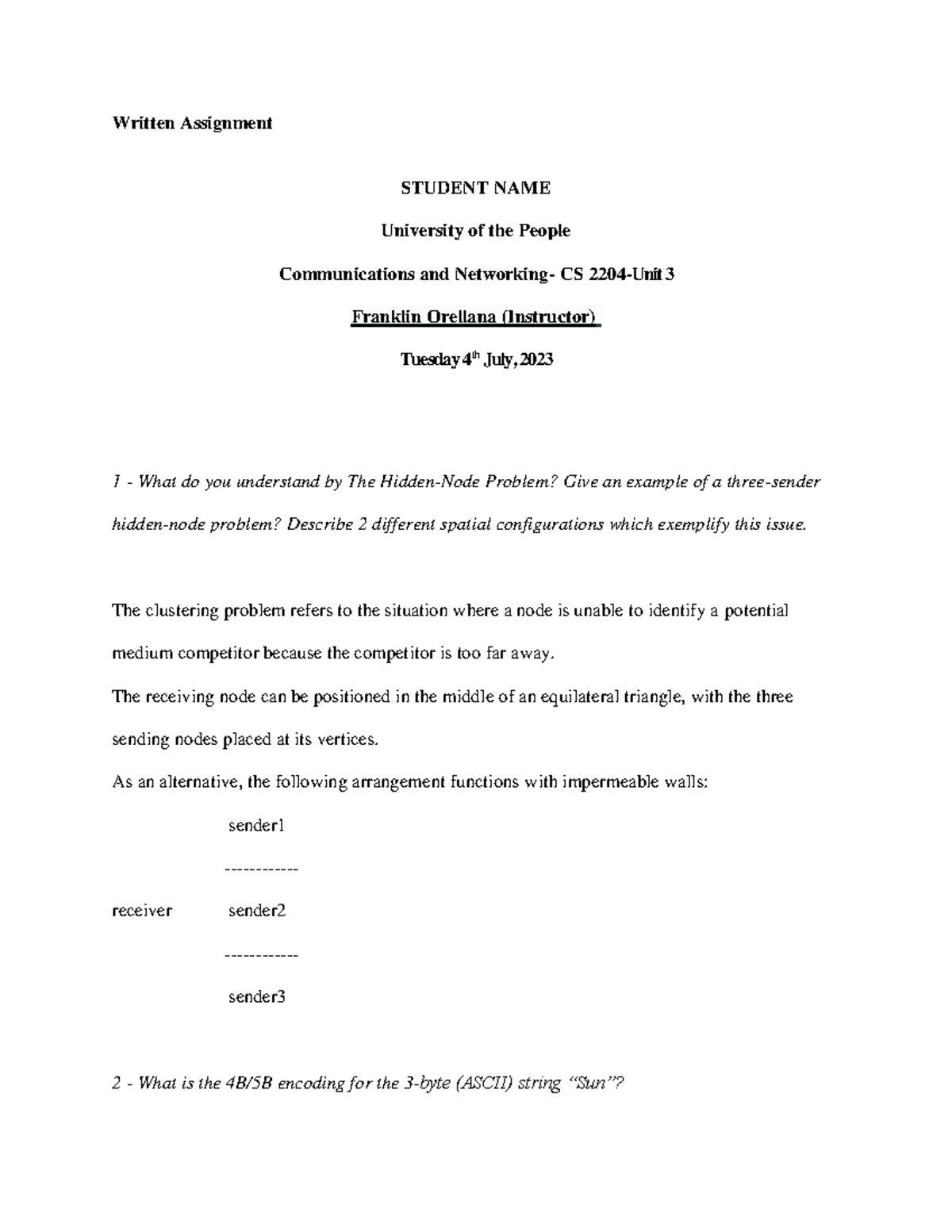 Assignment- unit 3 - Written Assignment STUDENT NAME University of the People Communications and ...