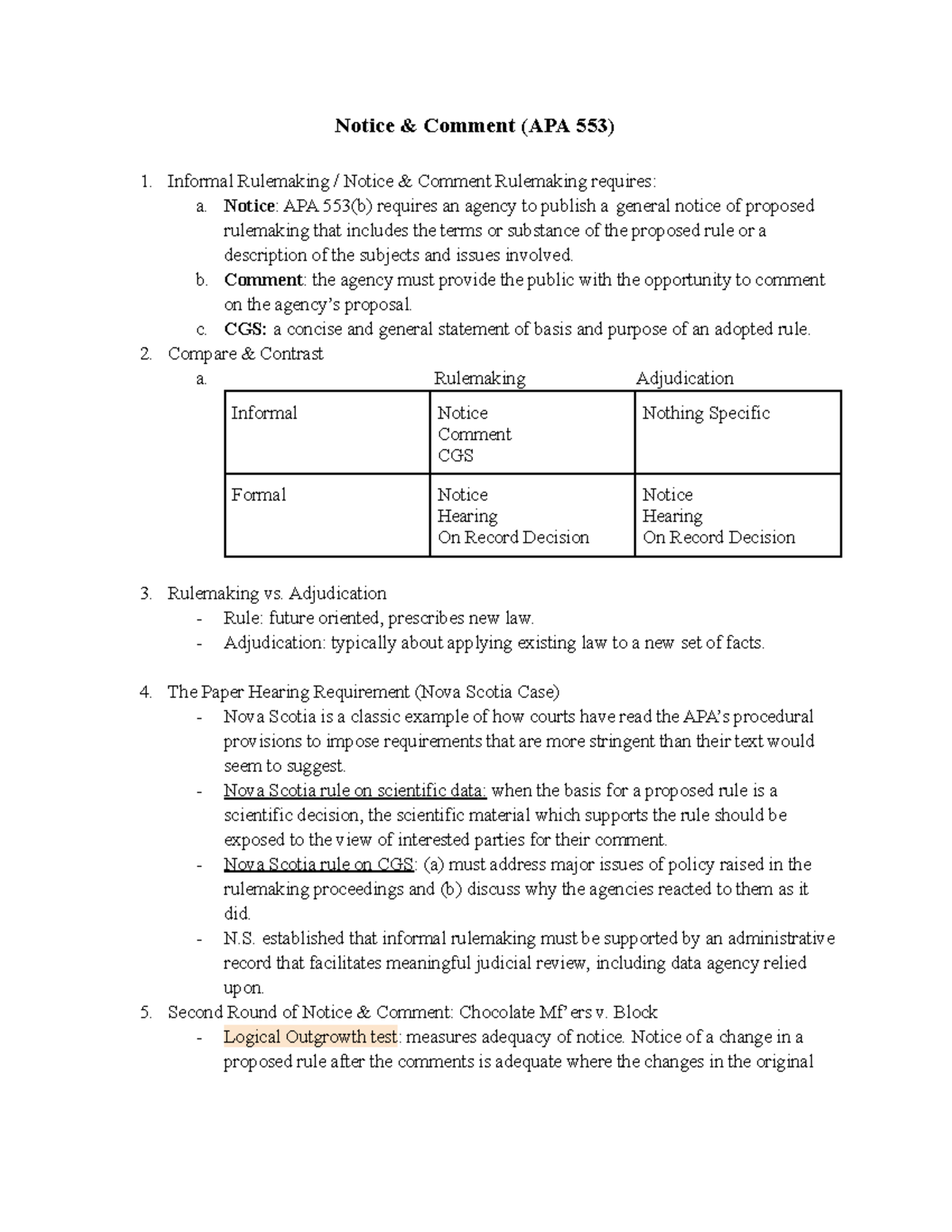 Leg Reg Exam III Cram Sheet - Notice & Comment (APA 553) Informal ...