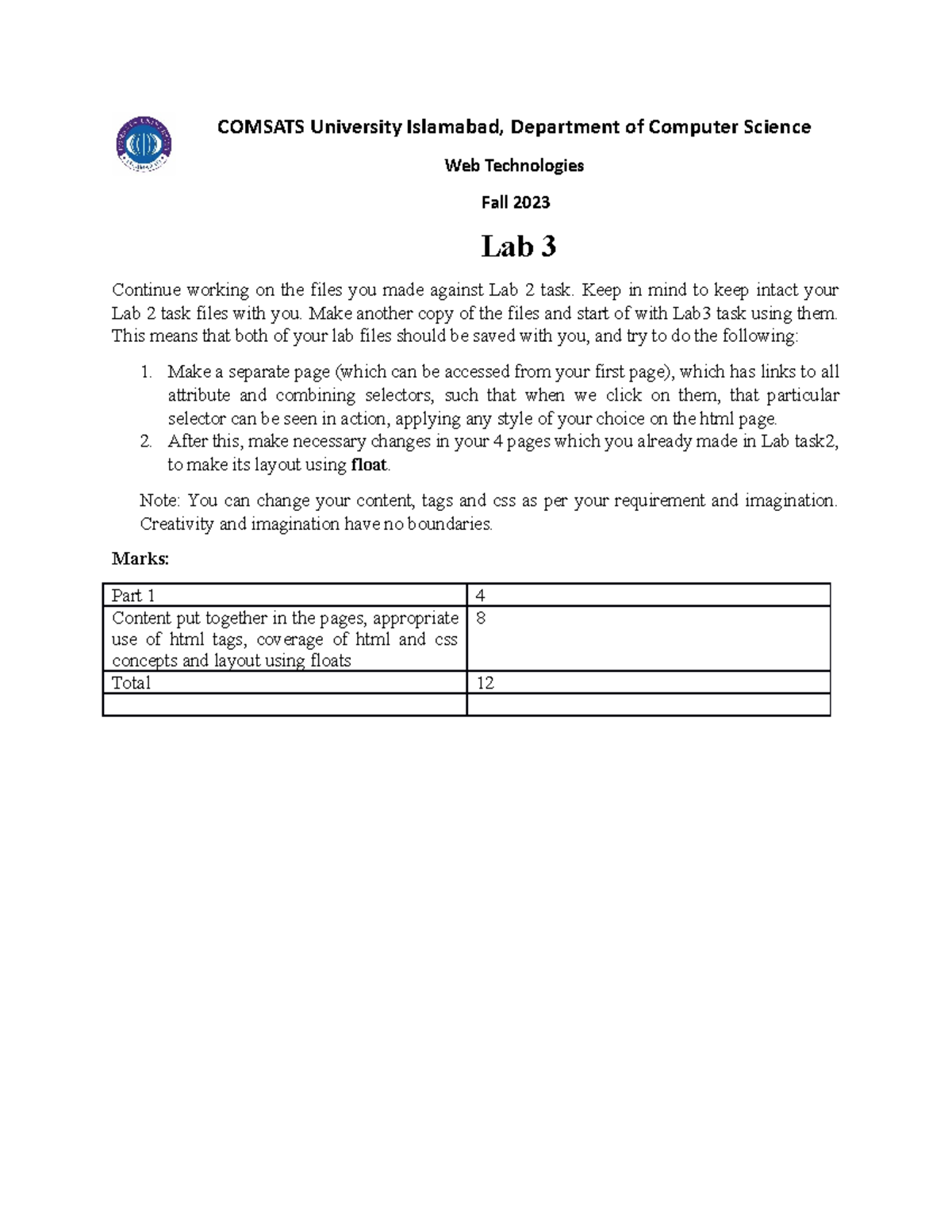 Lab3 Task Lab Task 3 Of Web Technology Unsolved Comsats University Islamabad Department Of 