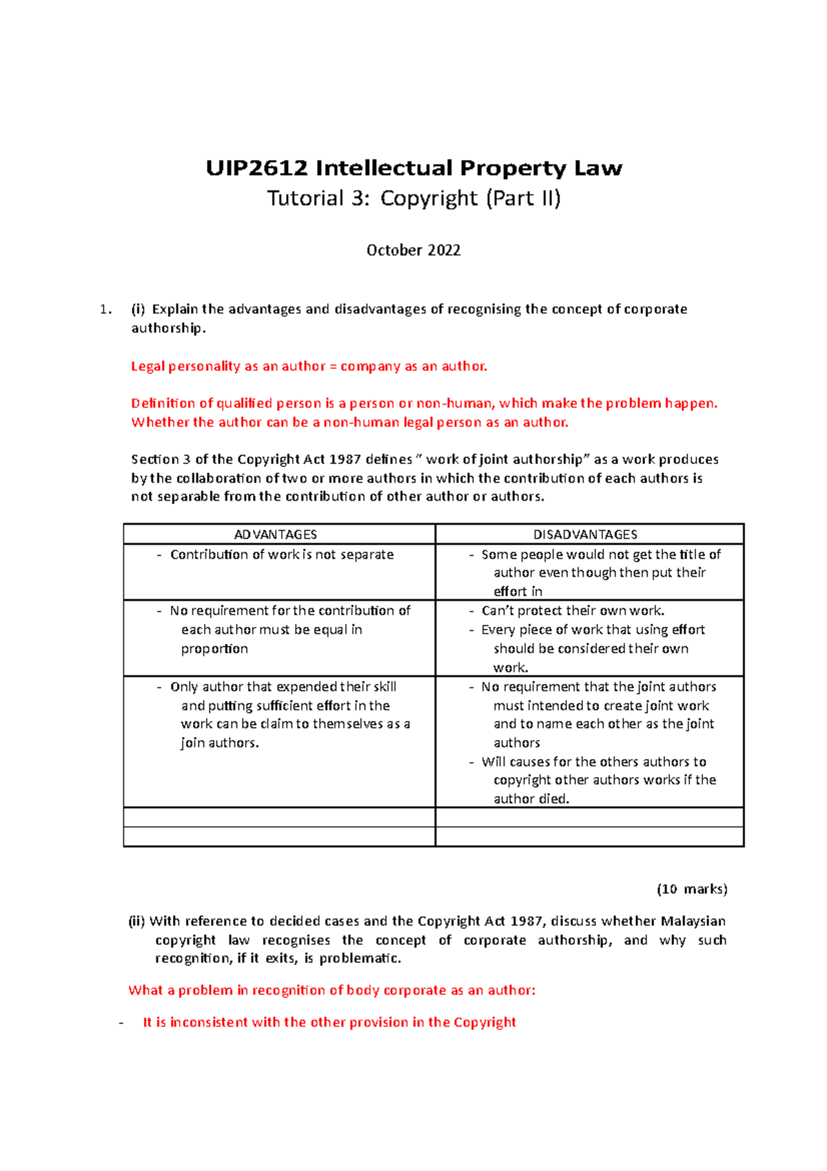 UIP2612 - Tutorial 3 (Copyright II) - Question - UIP2612 Intellectual ...