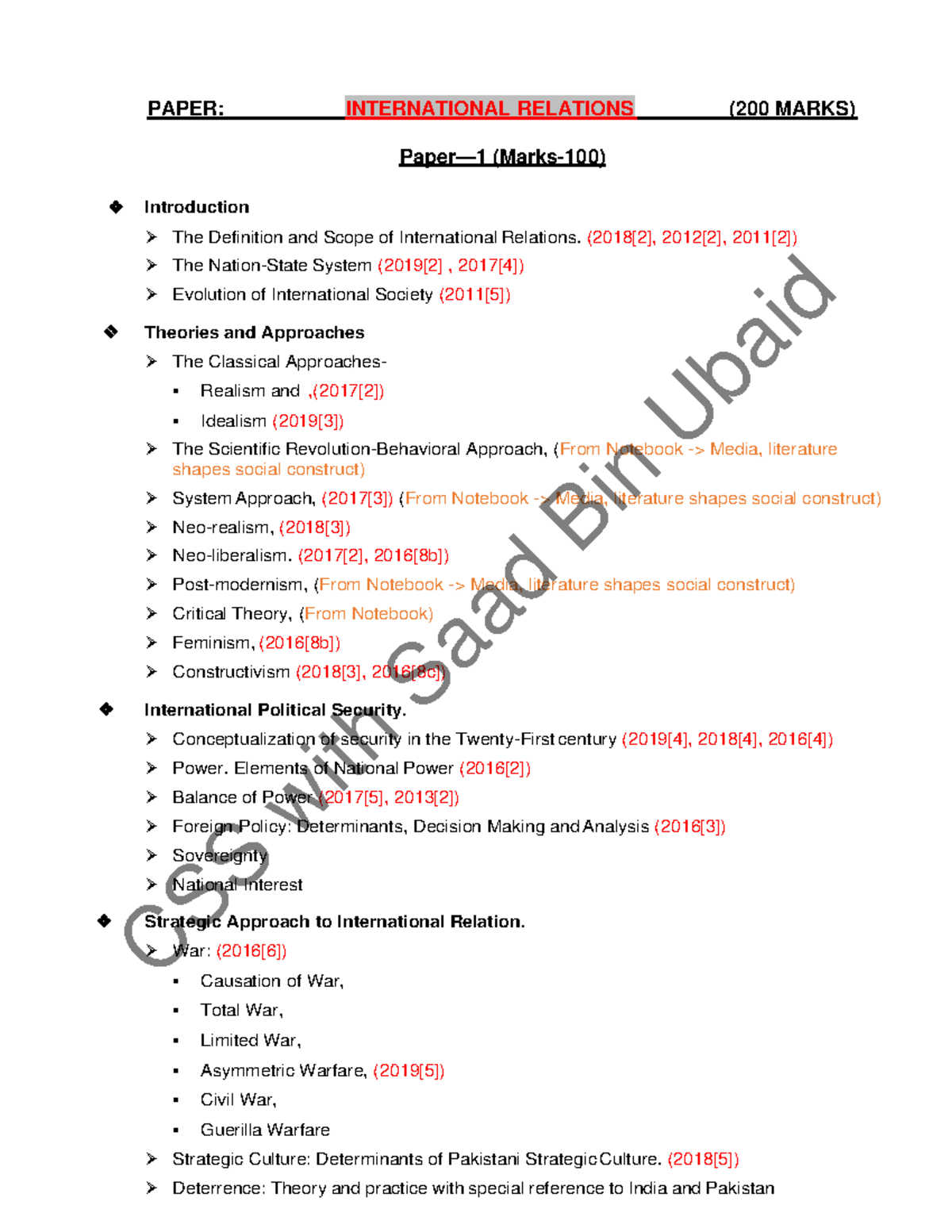 Syllabus Breakdown (IR) - PAPER: INTERNATIONAL RELATIONS (200 MARKS ...