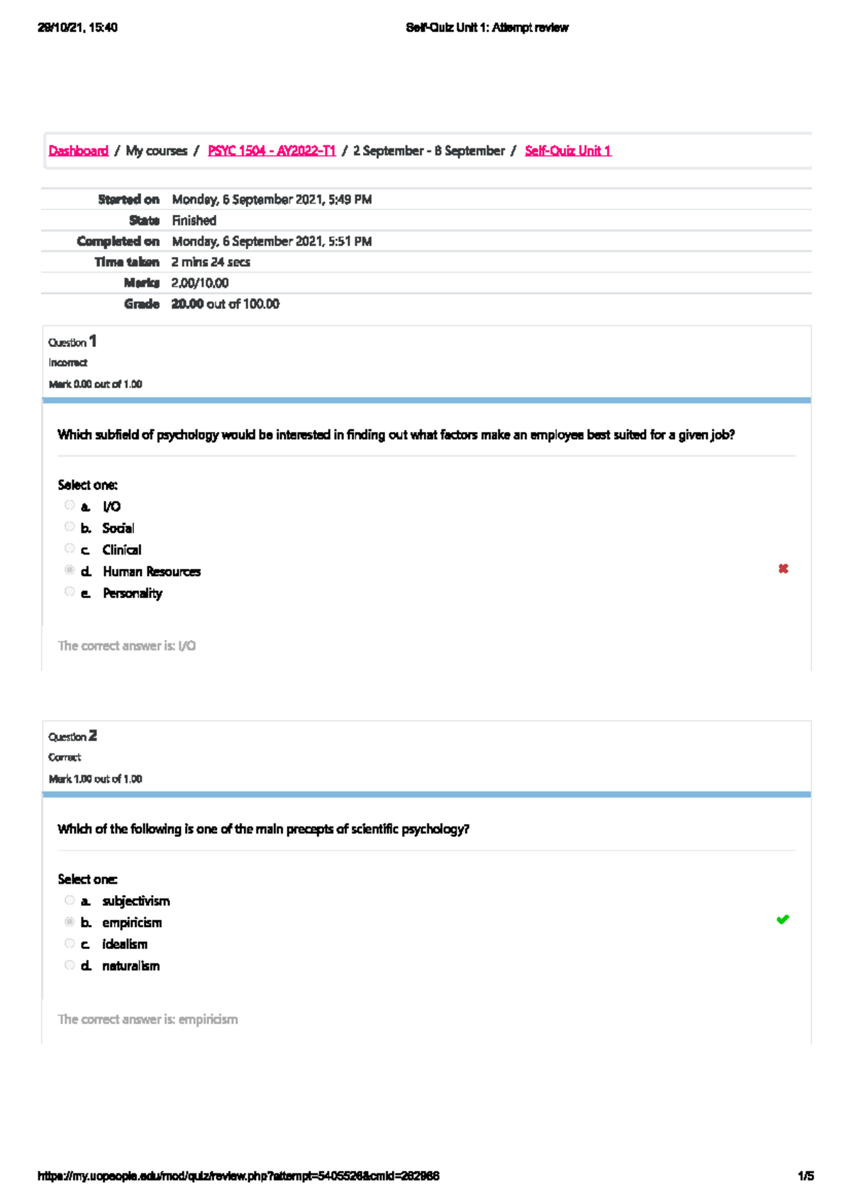 PSYC 1504 Introduction To Psychology - Self Quiz Unit 1 - 15:40 Unit 1 ...