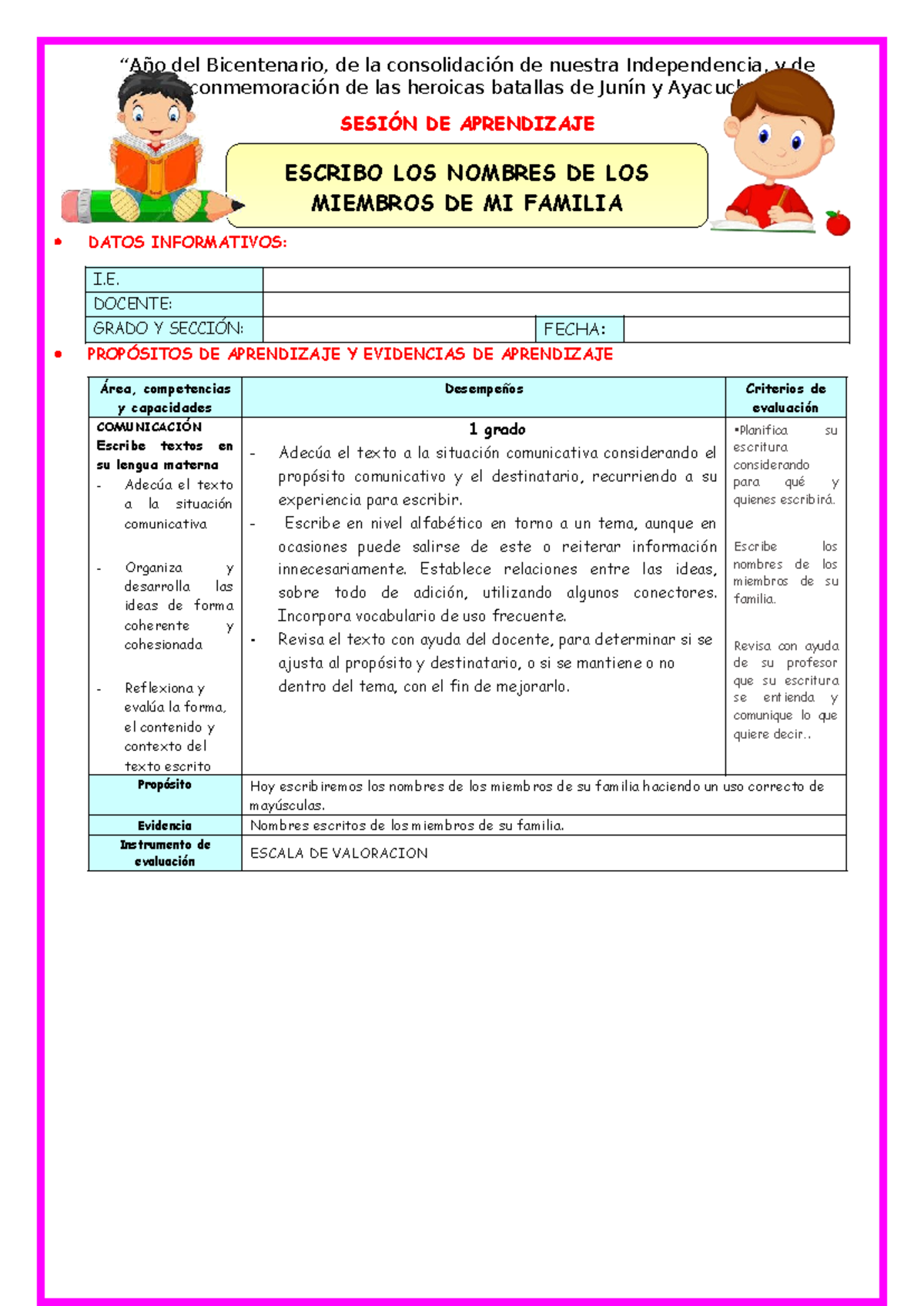 1º U3 S1 Ficha D1 COM Escribo LOS Nombres DE LOS Miembros DE MI Familia - la conmemoración de ...
