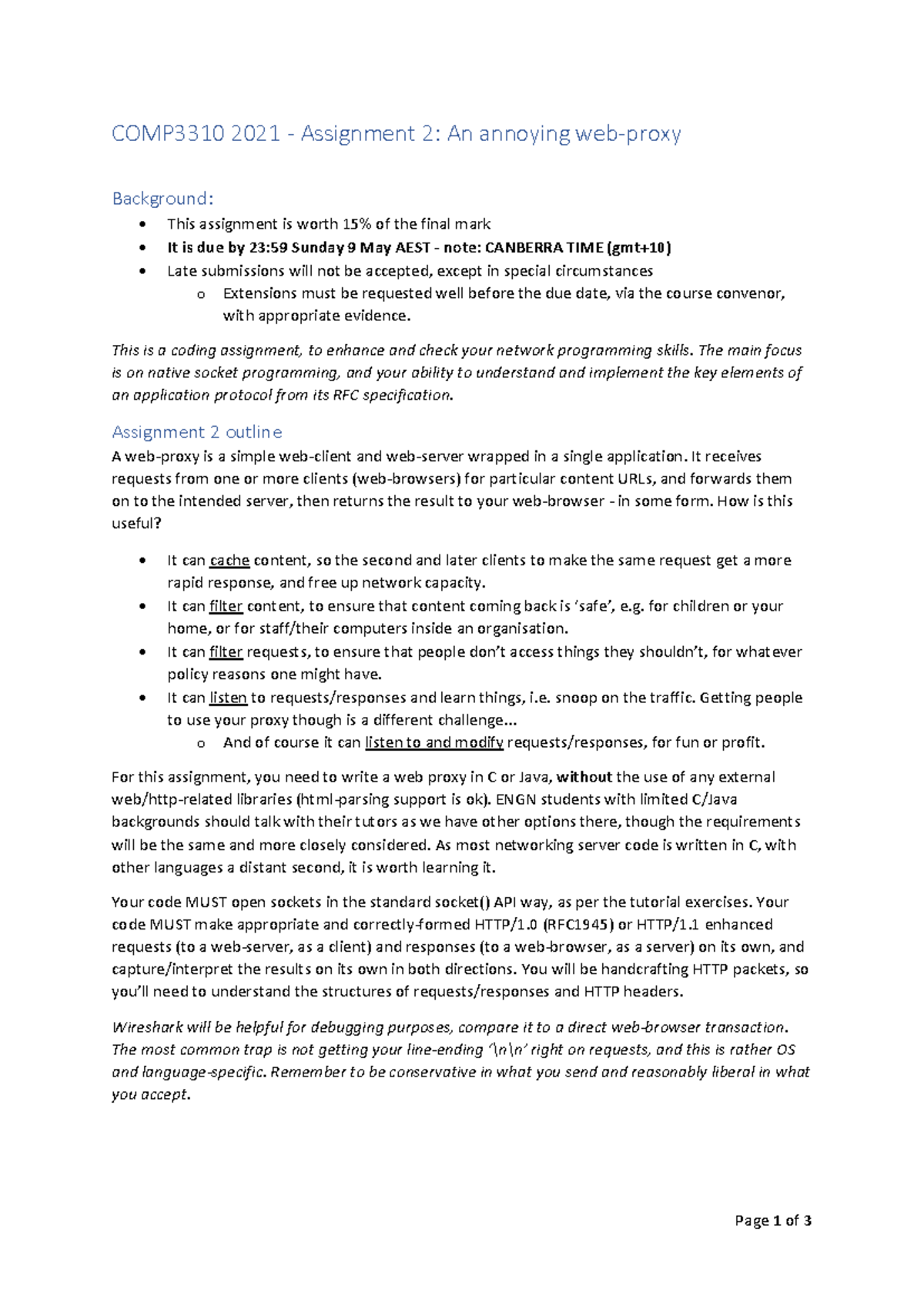 3310 Assignment 2 - 2021 - Page 1 of 3 COMP3310 20 21 - Assignment 2: An annoying web-proxy ...