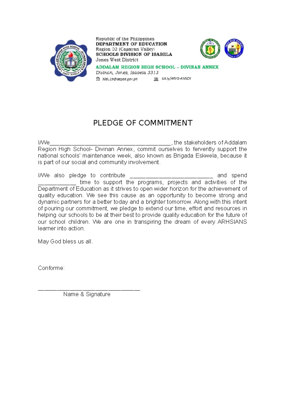 Bridga Eskwelan Pledge of Commitment - PLEDGE OF COMMITMENT - Studocu