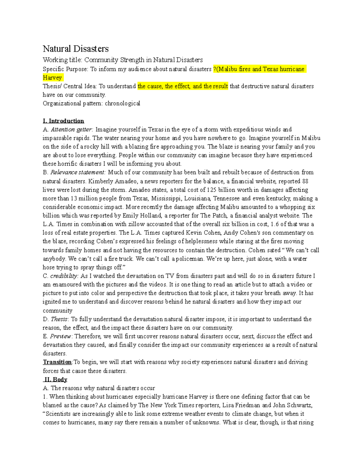 Speech one outline - Grade: A+ - Natural Disasters Working title ...
