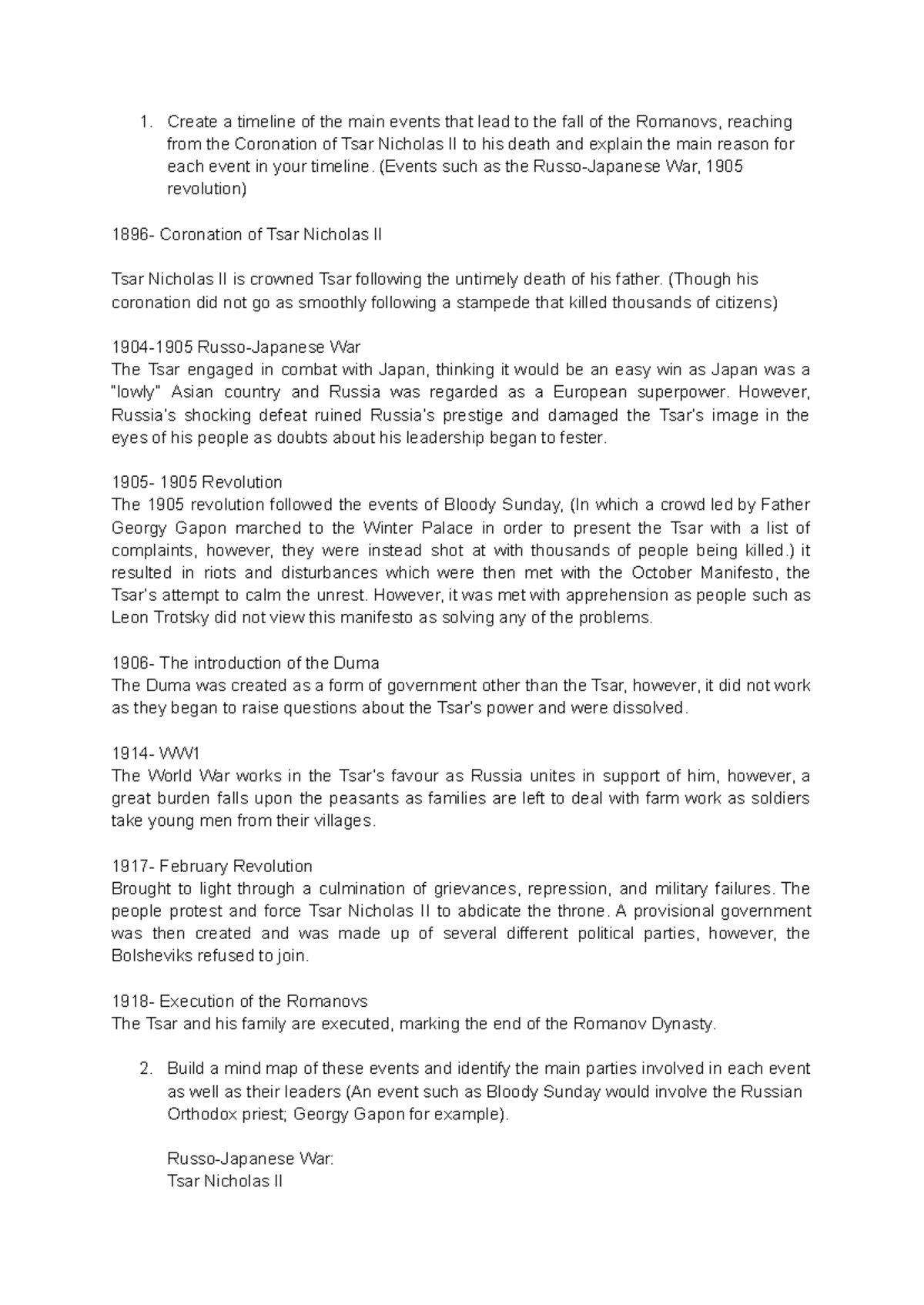 World War 1 Role in the Fall of the Romanovs - Create a timeline of the ...