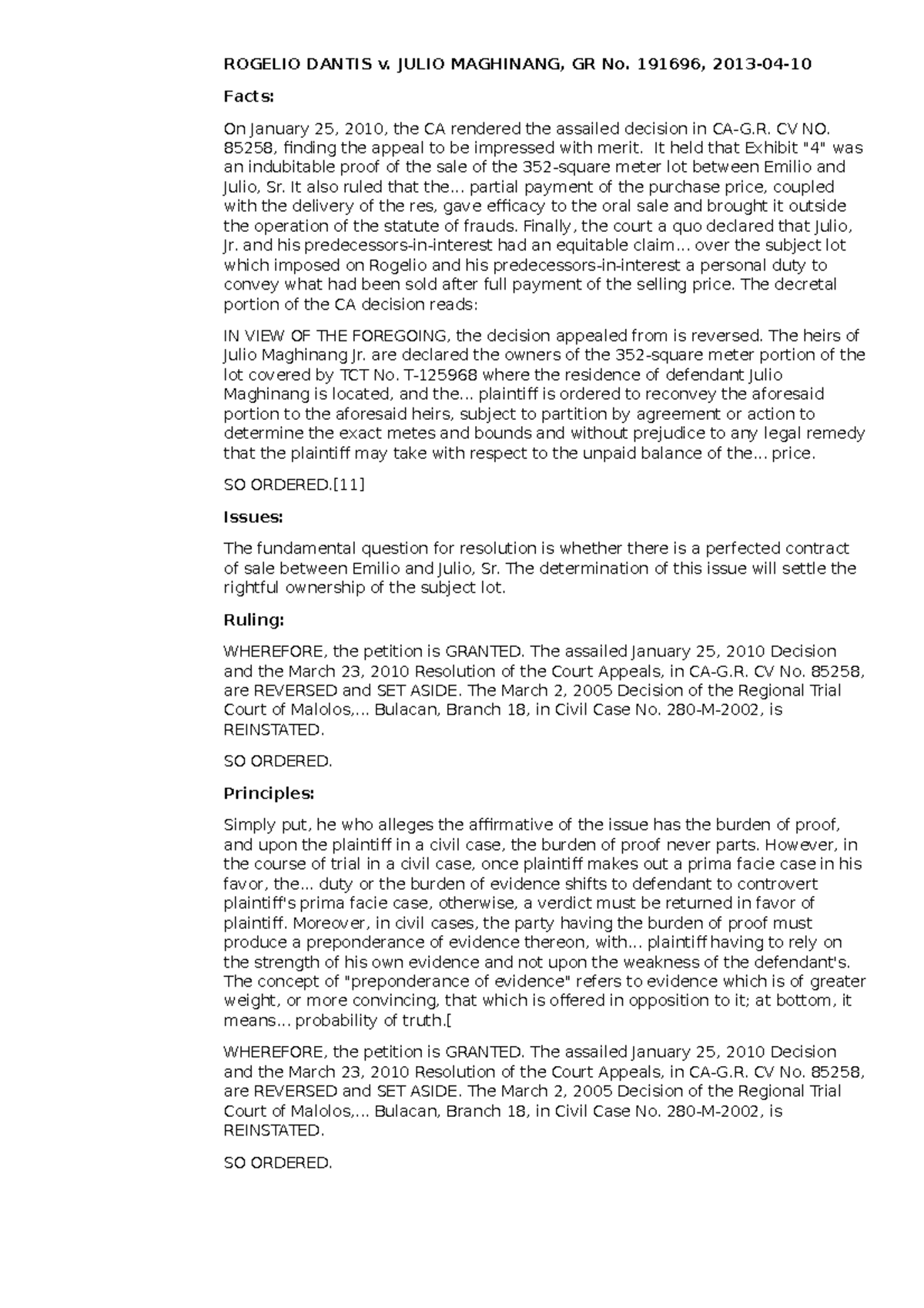 Dantis v maghinang - case digest - ROGELIO DANTIS v. JULIO MAGHINANG ...